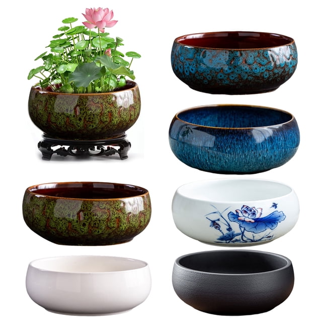 Chatgetd Ceramic Lotus Planter Large Caliber Non-Porous Round Vase ...
