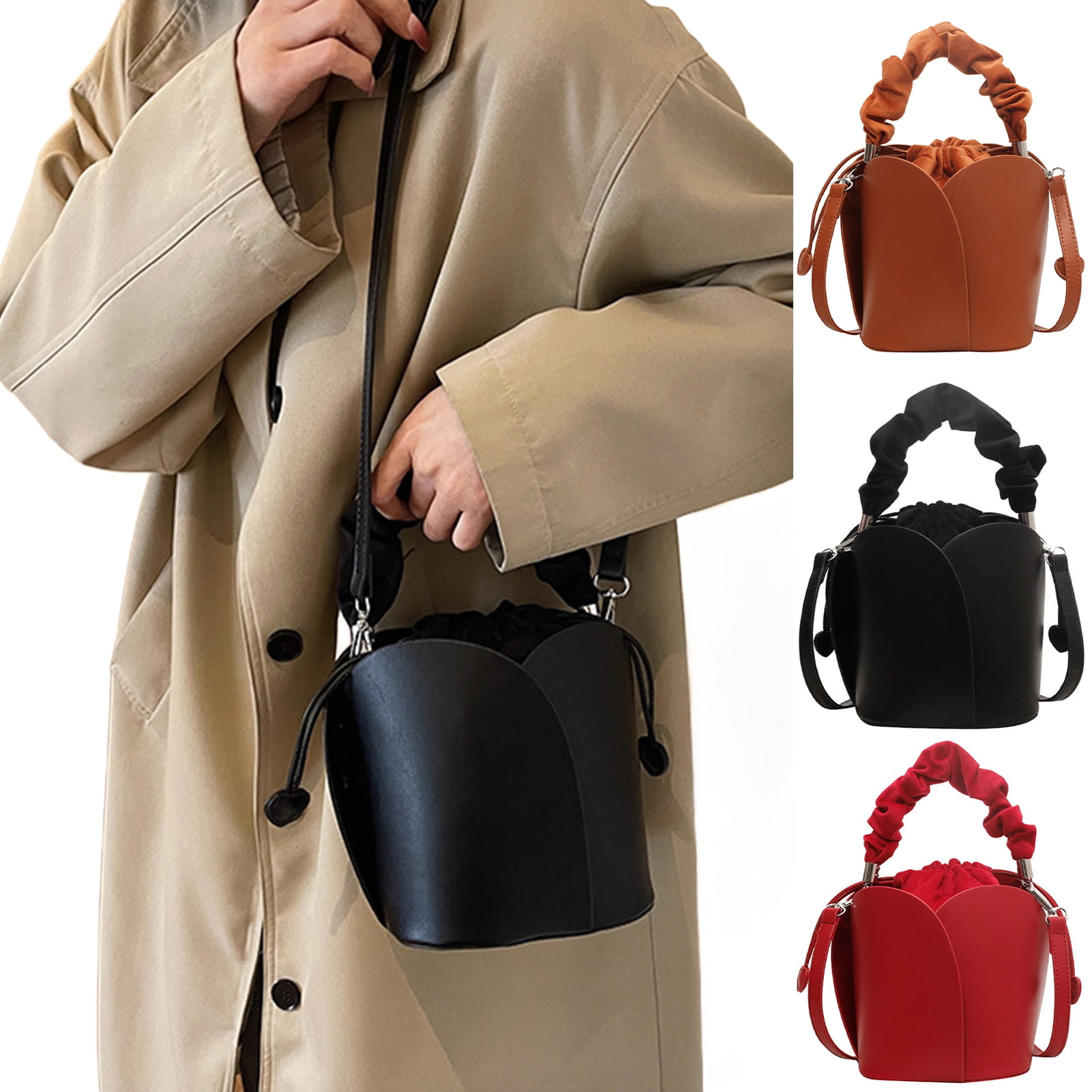 Chatgetd Women's Petal Bucket Bag Vintage Faux Leather Drawstring ...