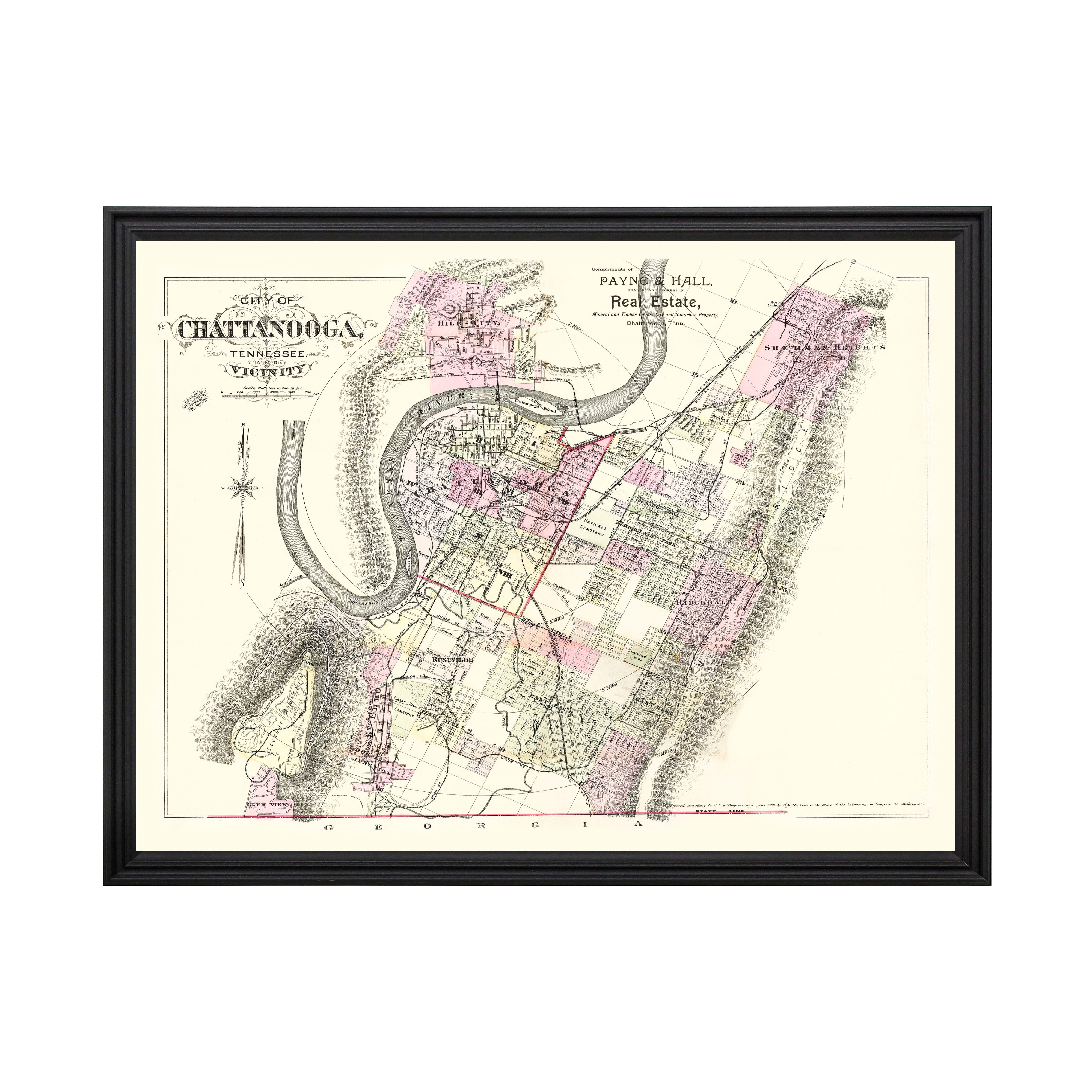 Chattanooga Art, 1889 Vintage Map of Chattanooga Tennessee, TN History ...