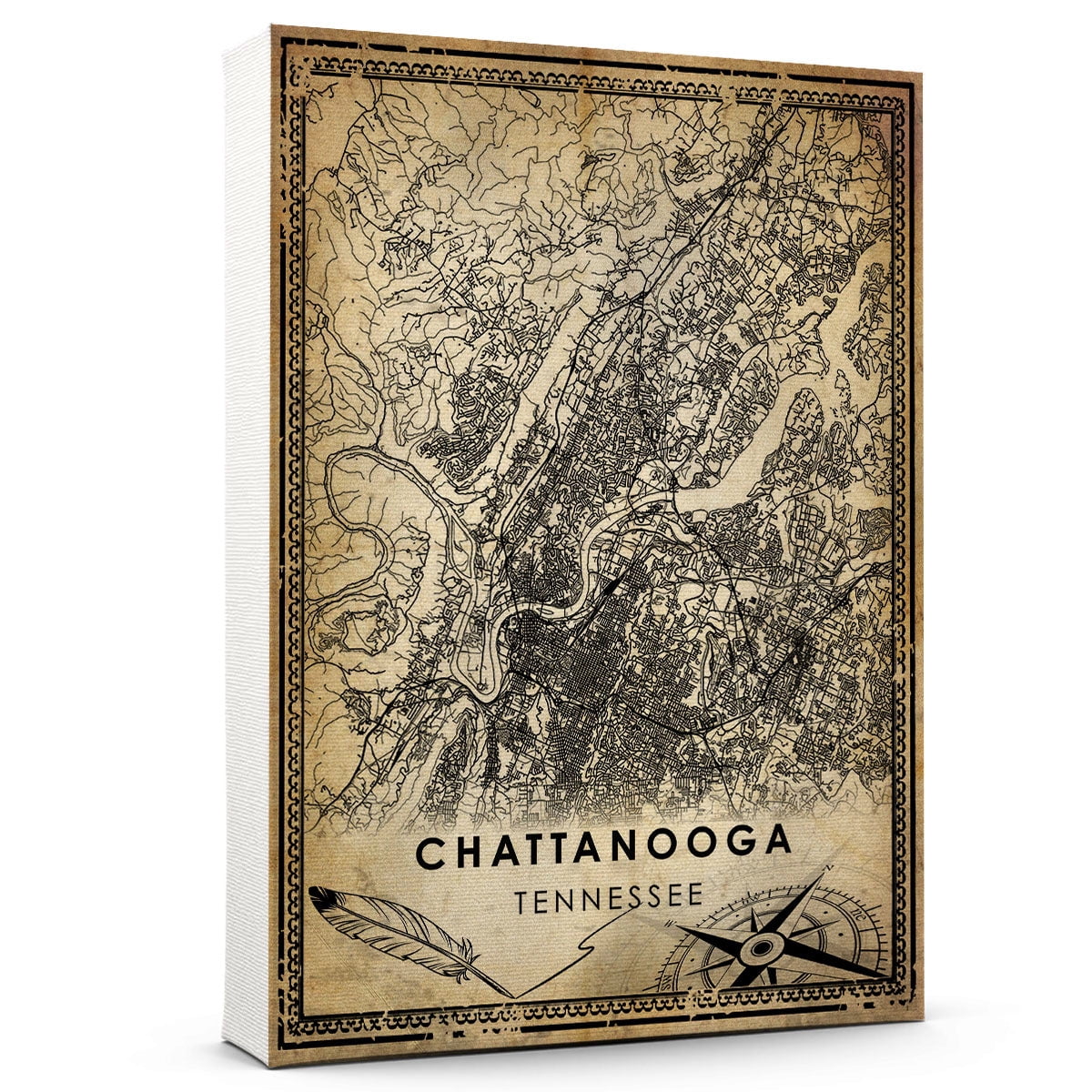 Chattanooga Vintage Map Prints Canvas, Tennessee Map Art Canvas, Canvas ...