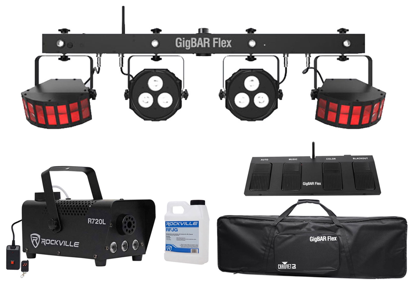 Chauvet DJ GigBAR Flex (2) Derby+(2) Par Can Lights+Footswitch+Fogger w ...