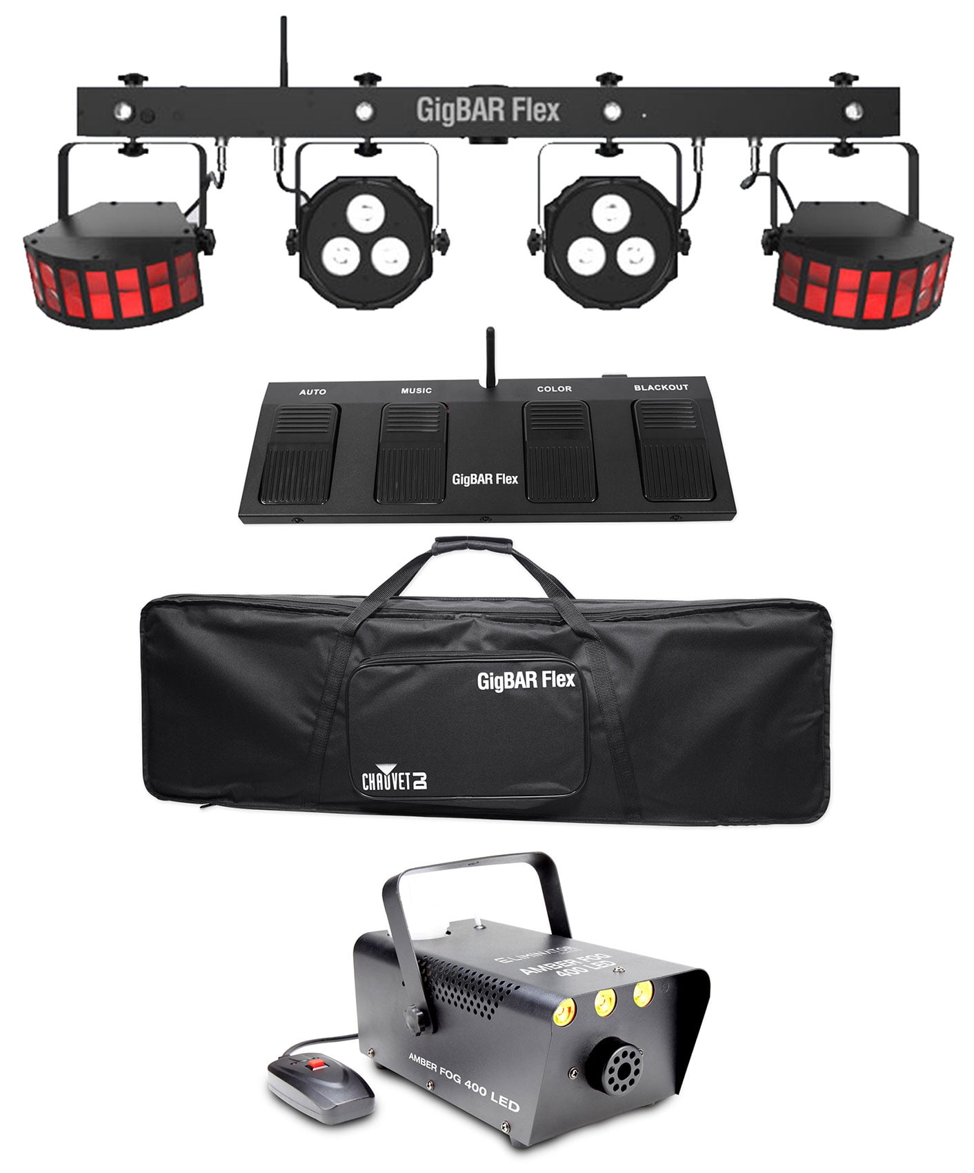 Chauvet DJ GigBAR Flex w/ 2) Derby+2) Par Can Lights+Footswitch+LED Fog ...