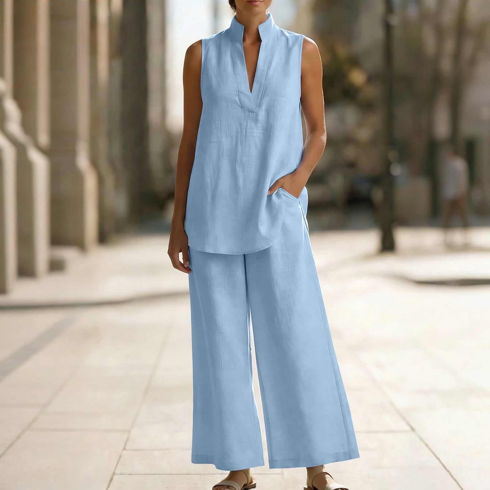 Chbgutlmr 2 Piece Cotton Linen Outfits for Women Sleeveless Standing ...