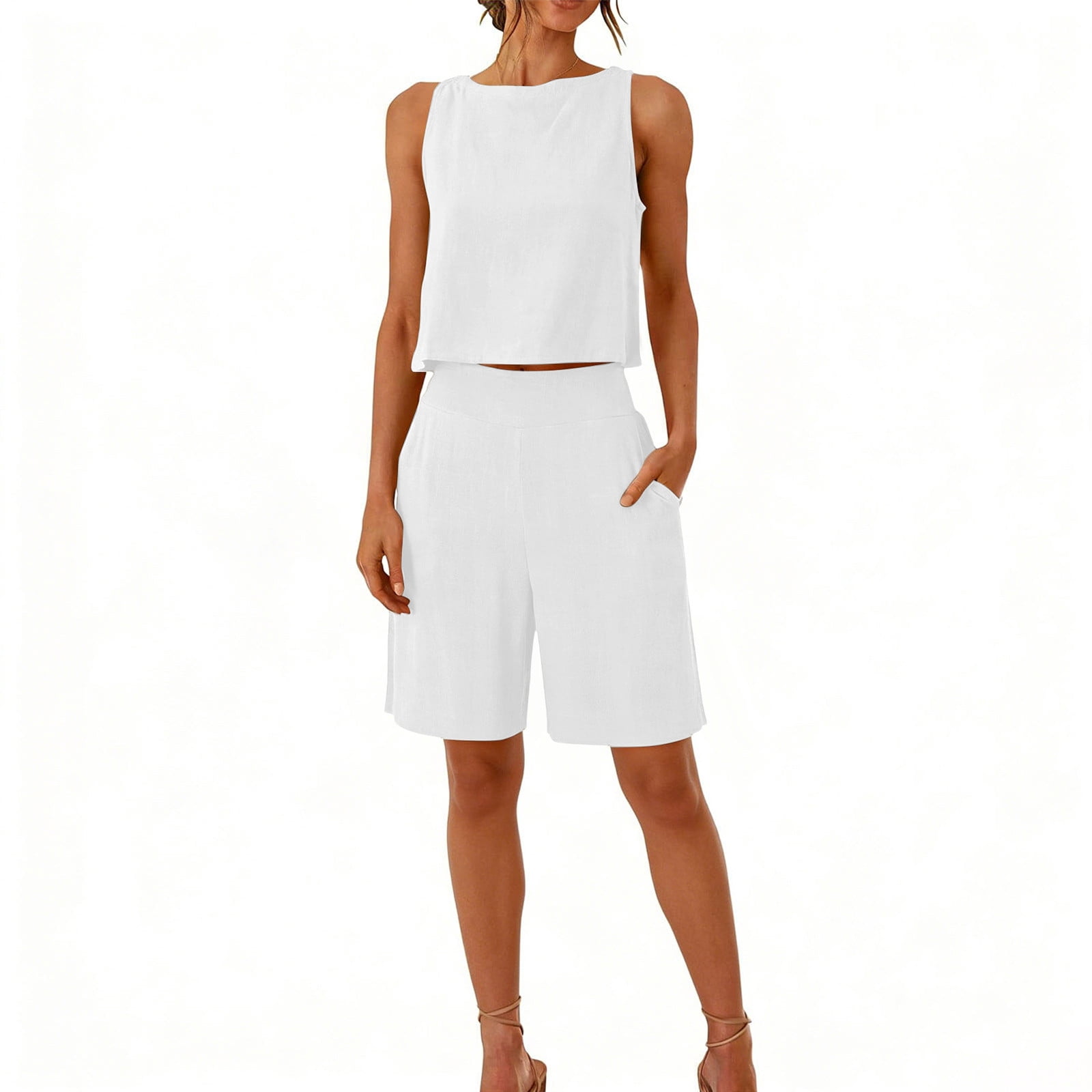 Chbgutlmr 2 Piece Sets for Women Summer Sleeveless Scoop Neck Crop Tops ...