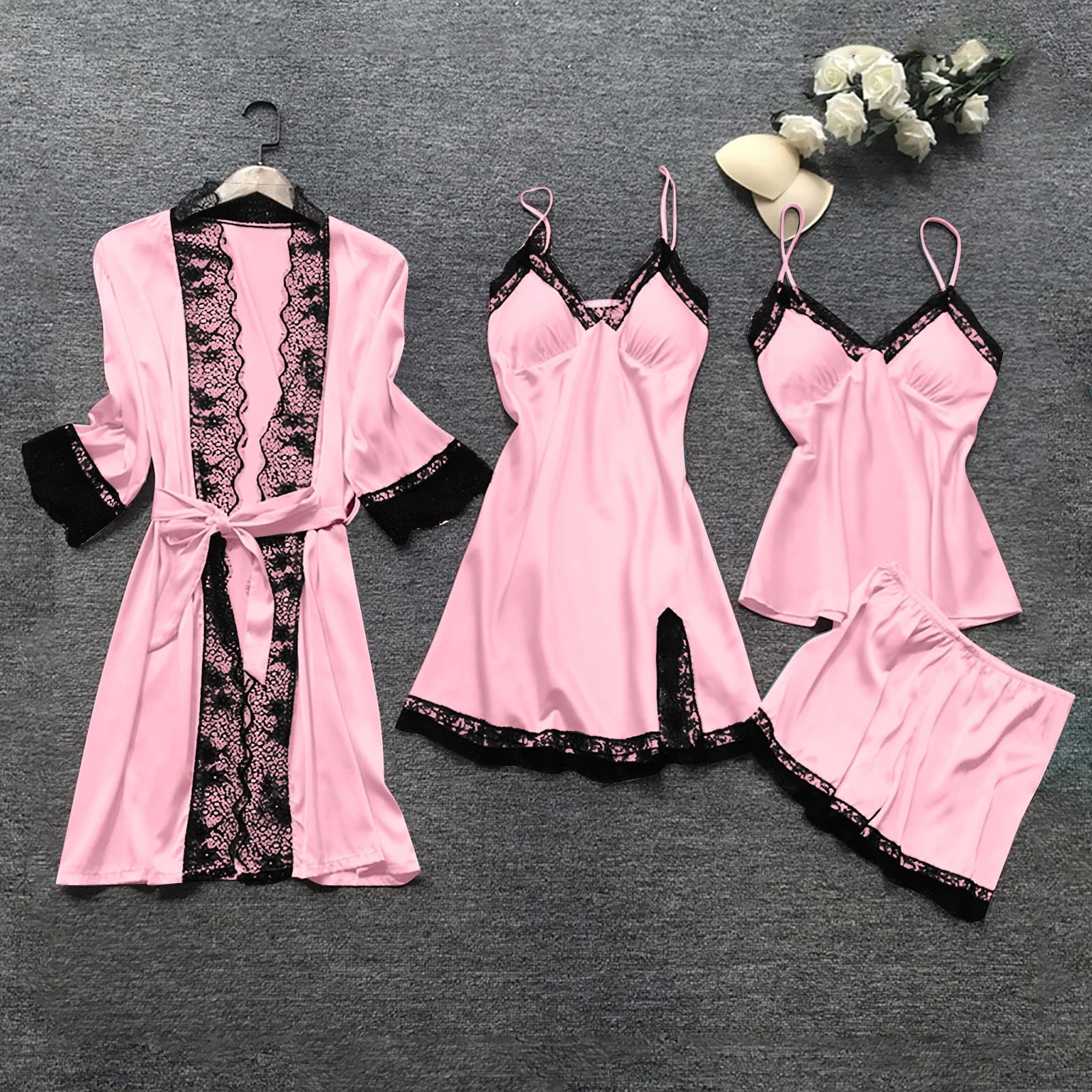 Chbgutlmr 4 Piece Pajamas Set for Women Lace Blocked Built in Bra ...