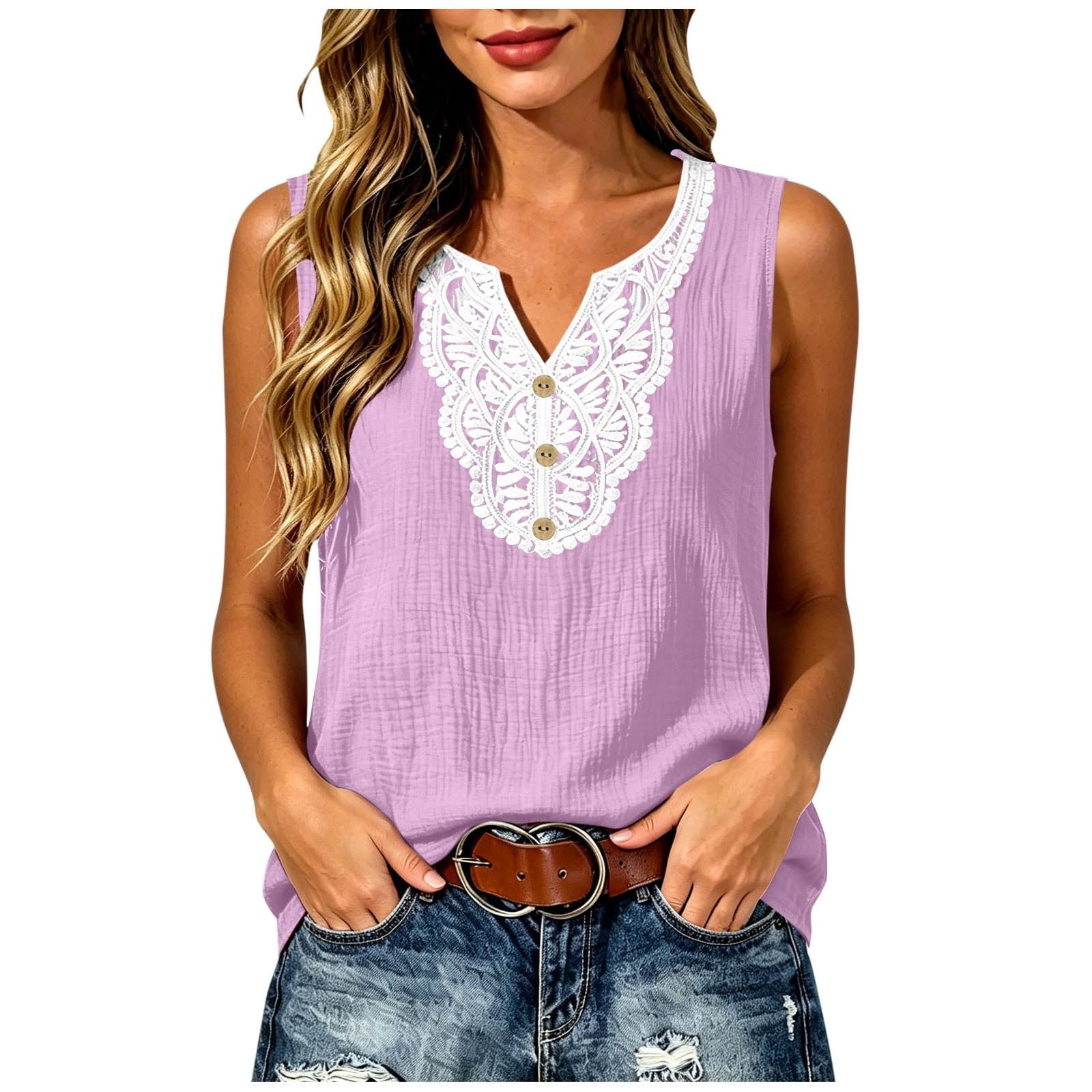 Chbgutlmr Cotton Linen Tank Tops for Women Sleeveless Lace Patchwork ...