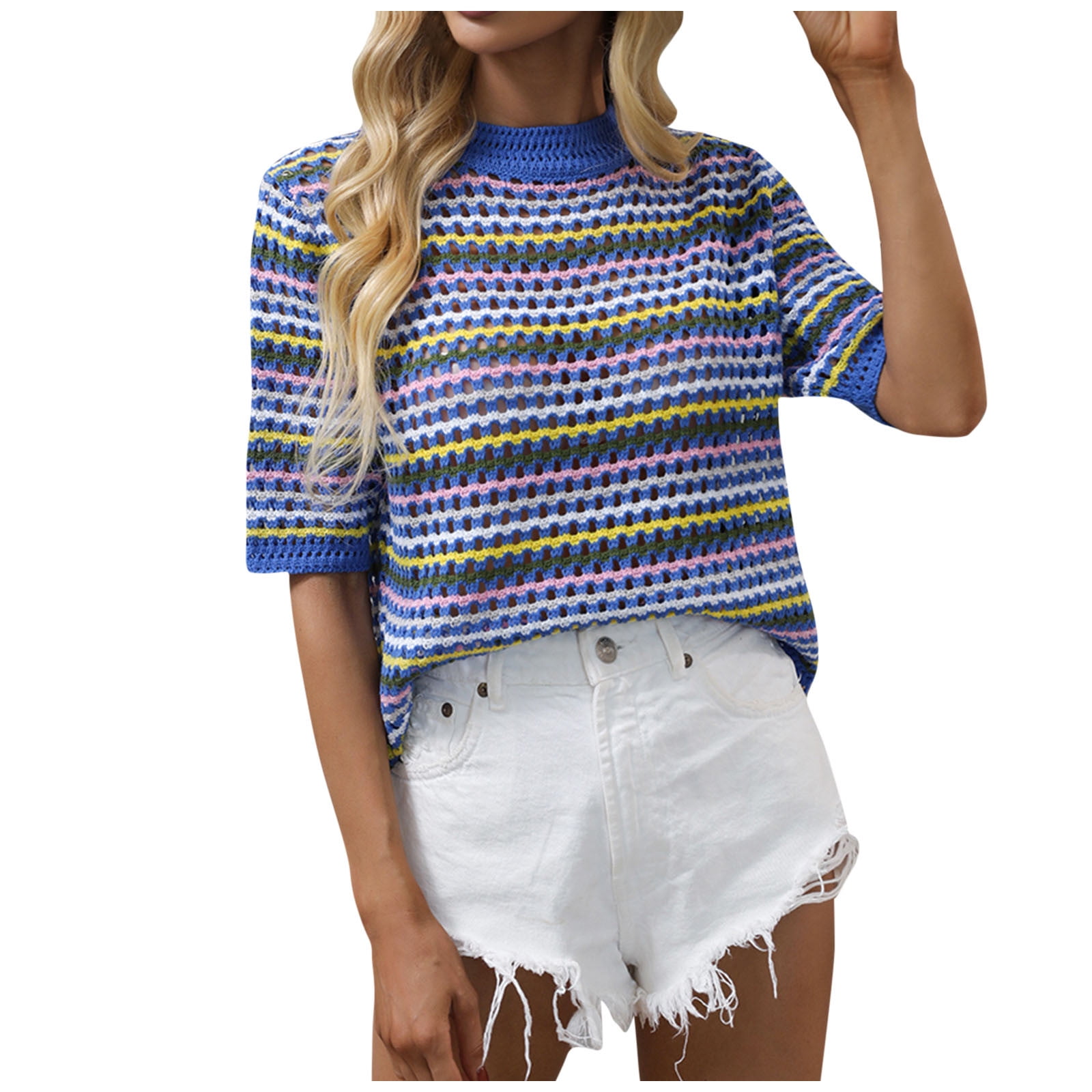 Chbgutlmr Crochet Sweaters for Women Lightweight Short Sleeve Crewneck ...
