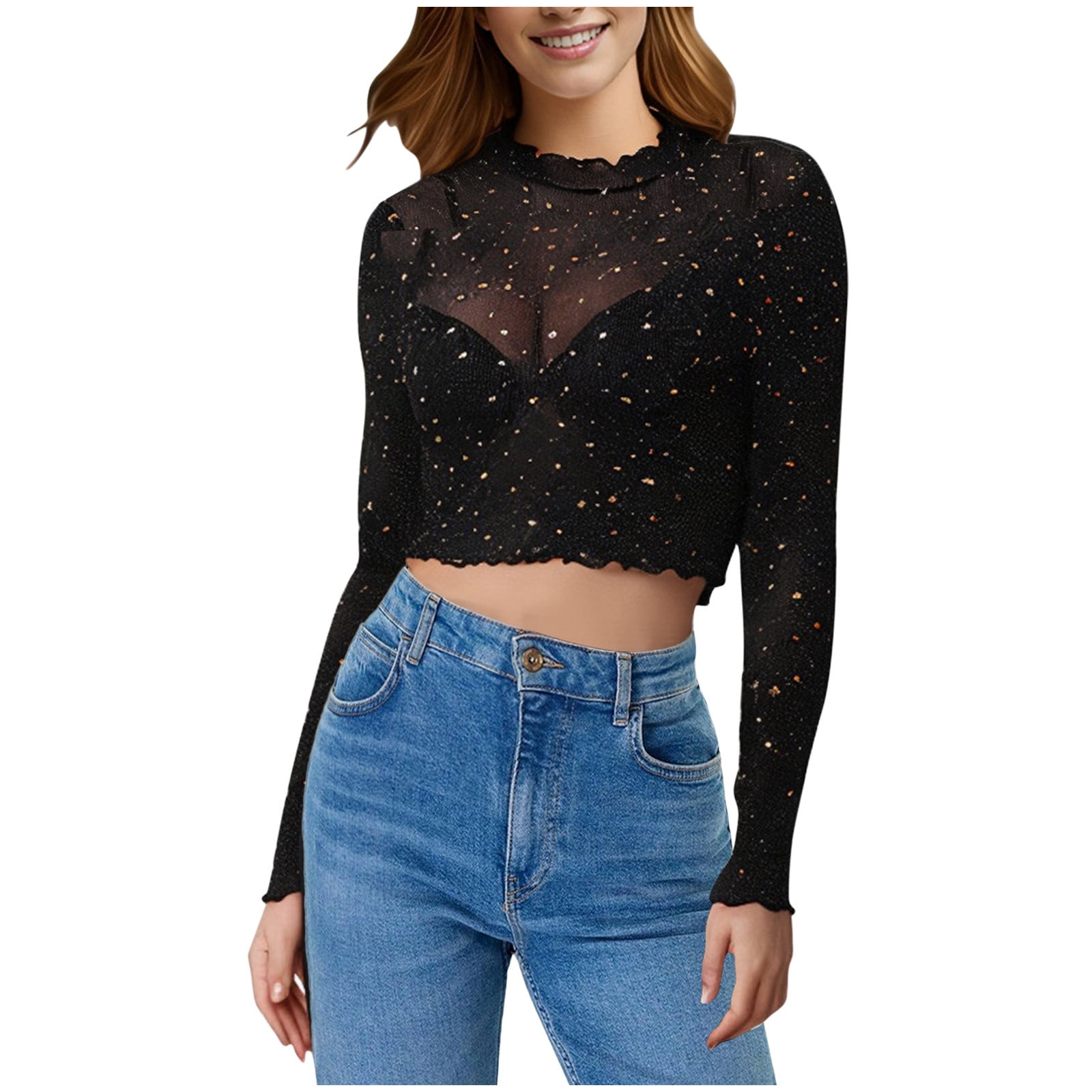Chbgutlmr Crop Tops for Women Ruffle Neck Long Sleeve Slim Lace Shirts ...