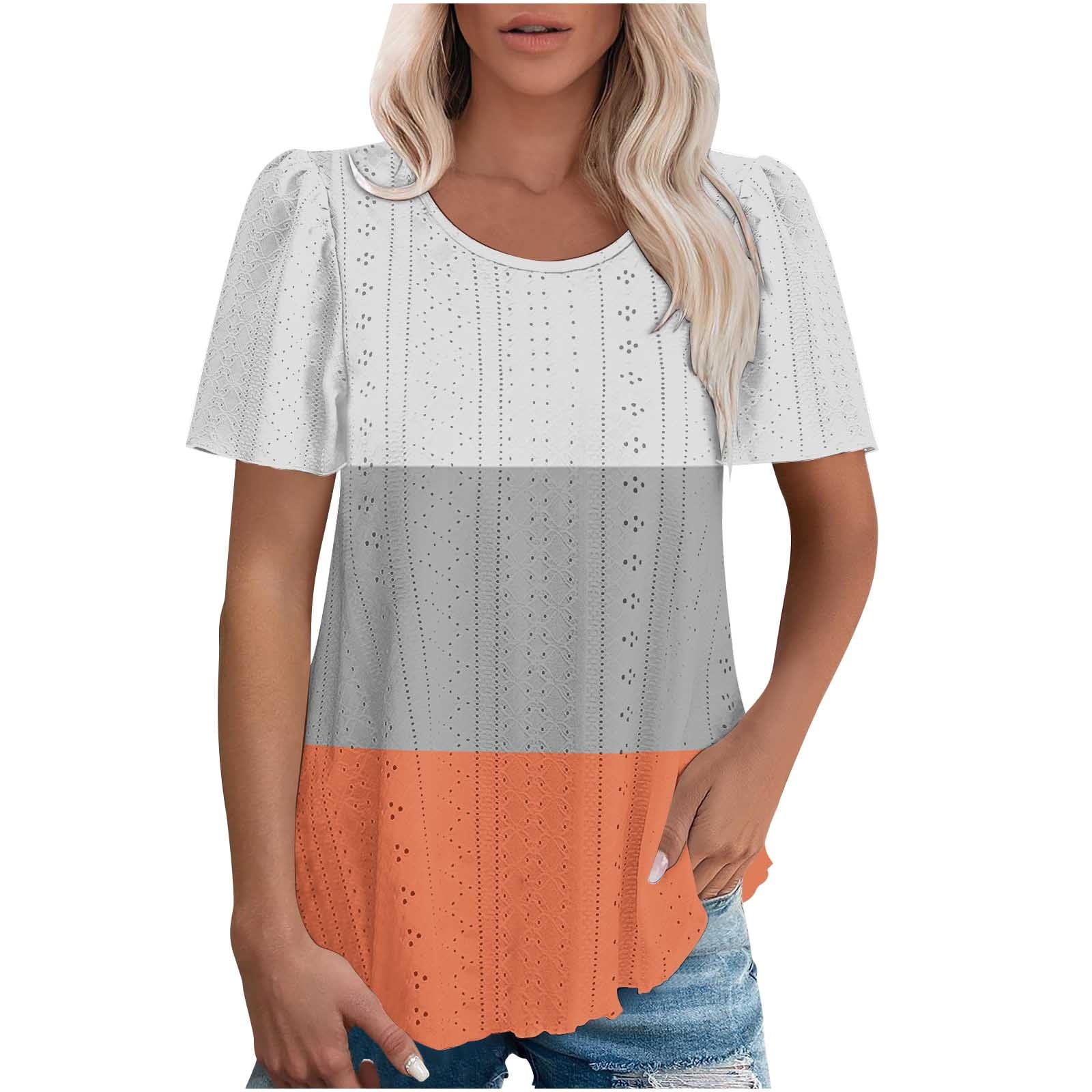 Chbgutlmr Eyelet Tops for Women Short Sleeve Crew Neck Curved Hem T ...
