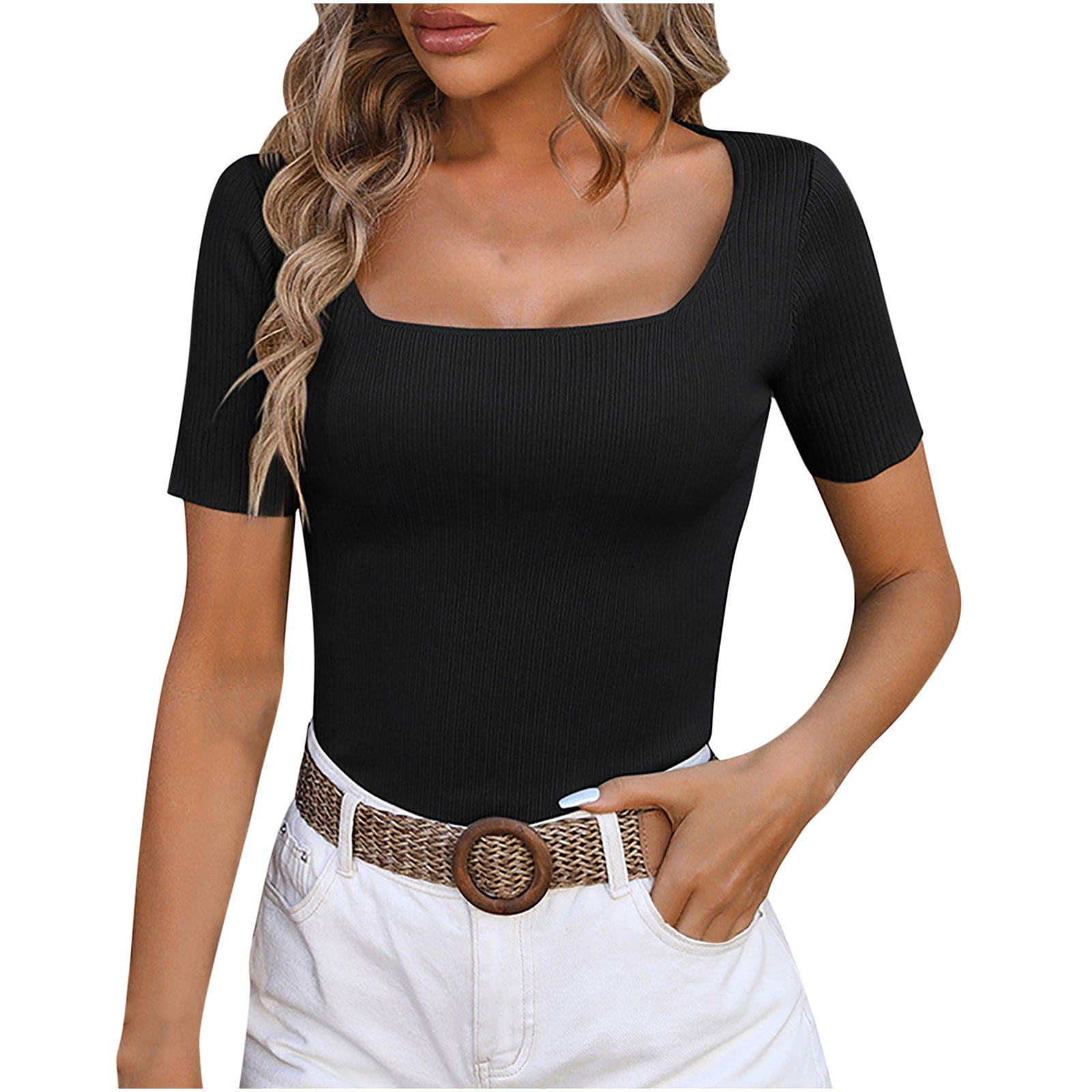 Chbgutlmr Going out Tops for Women Slim Comfy Short Sleeve Tops Square ...