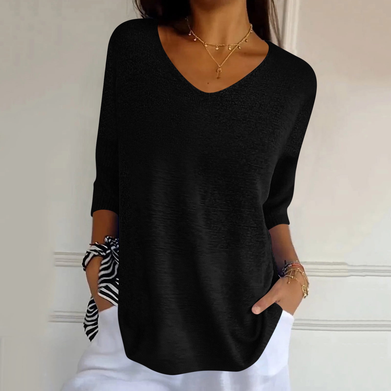 Chbgutlmr Knitted Tops for Women 3/4 Sleeve V Neck Relaxed Fitting T ...