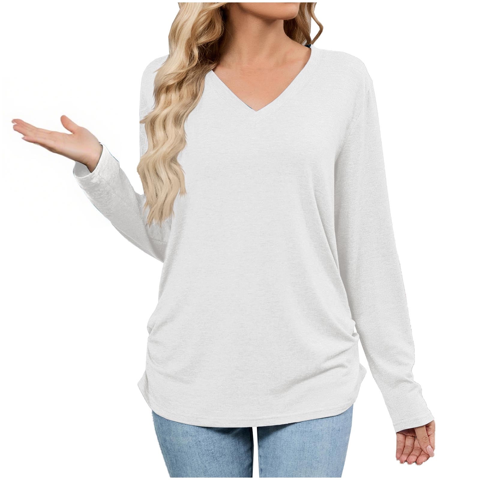 Chbgutlmr Long Sleeve Shirts for Women Comfy Loose V Neck Side Ruched ...