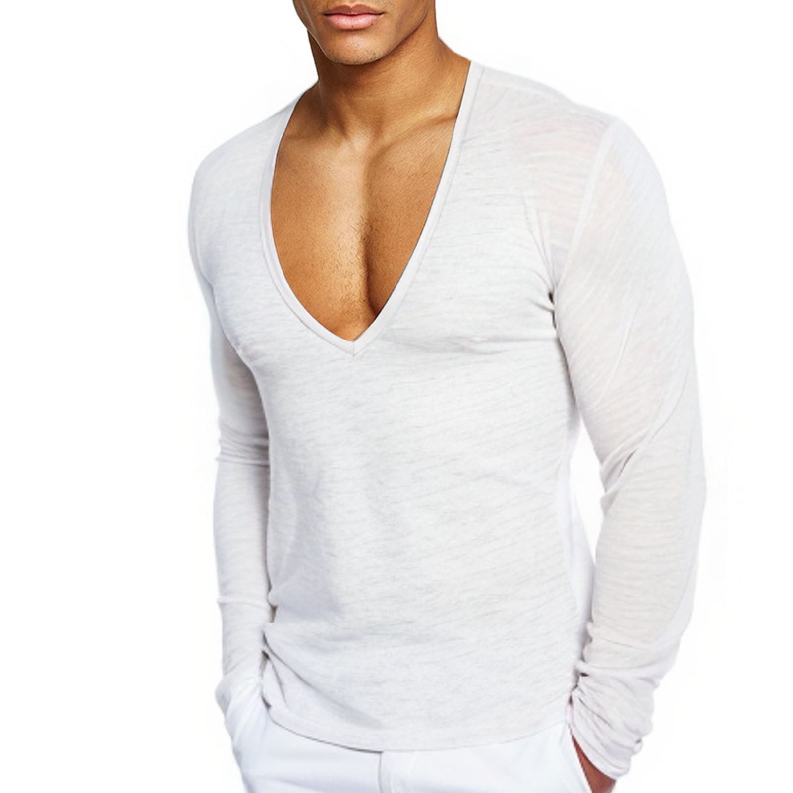 Chbgutlmr Long Sleeve Tops for Men Deep V Neck Slim Fitting Comfy ...