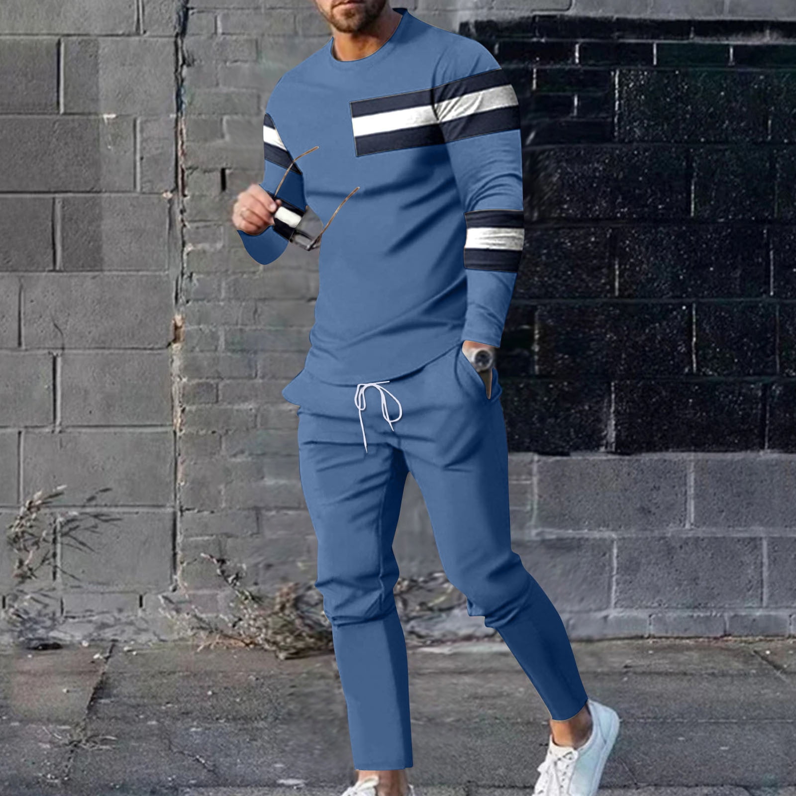 Chbgutlmr Men's 2 Pieces Outfits Long Sleeve Crew Neck Color Blocked ...