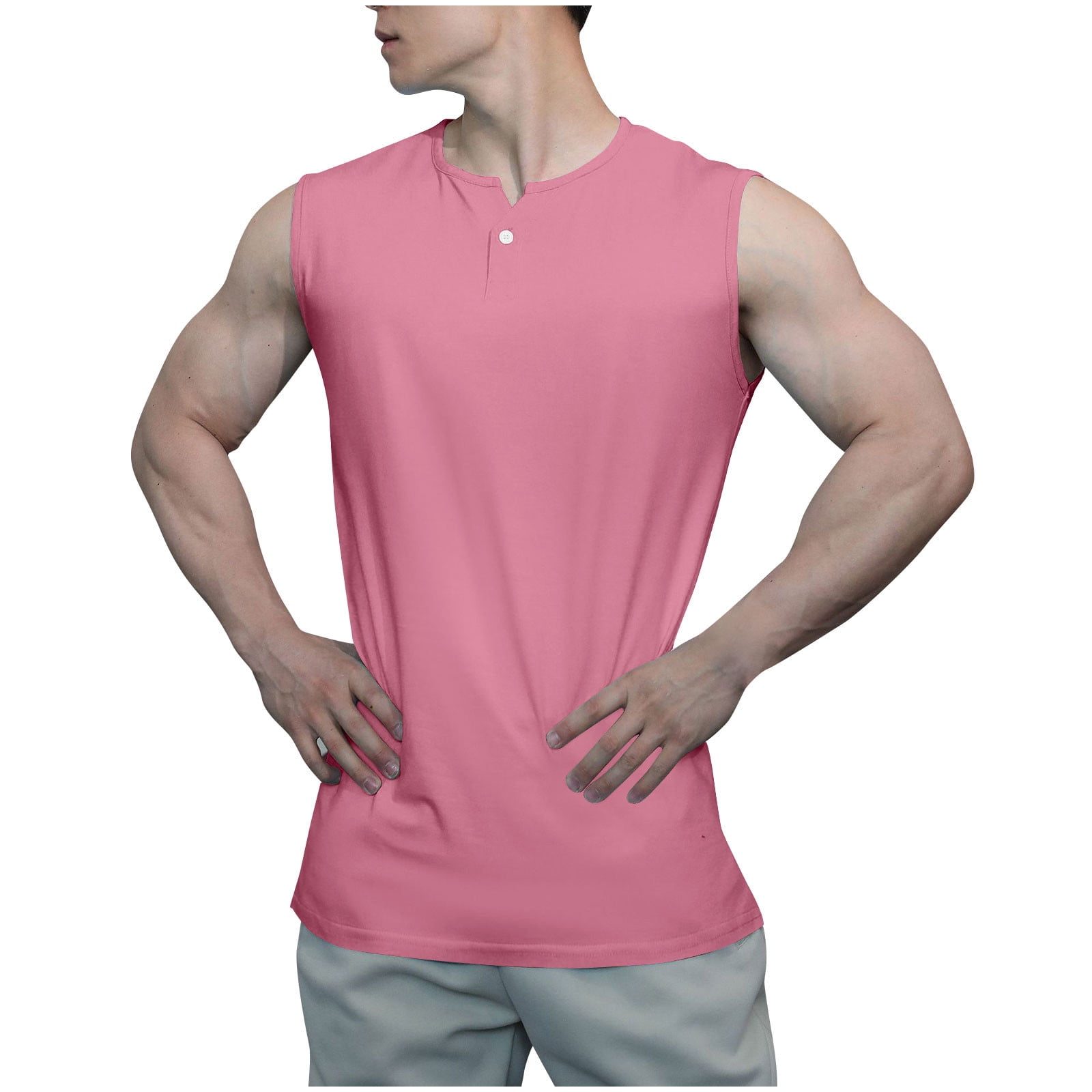 Chbgutlmr Mens Shirts Notched V Neck Button Sleeveless Side Split ...