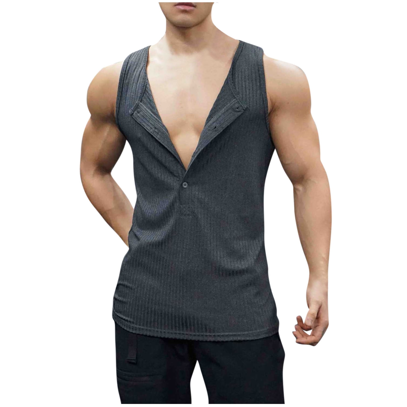 Chbgutlmr Mens Tank Top Ribbed Round Neck Button Sleeveless Muscle Tees ...