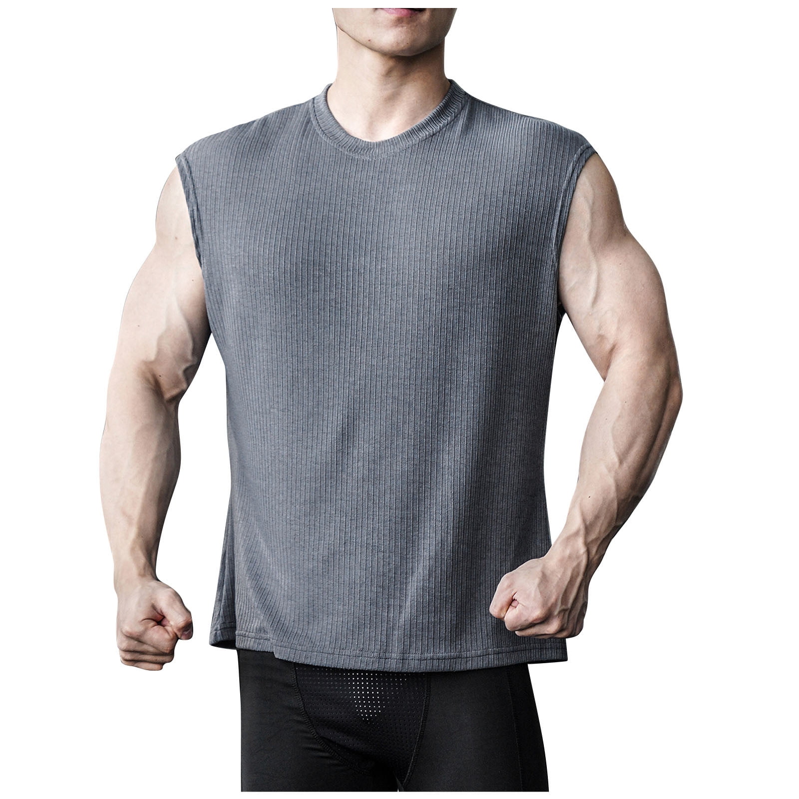Chbgutlmr Mens Workout Tops Ribbed Crewneck Sleeveless Muscle Tees ...
