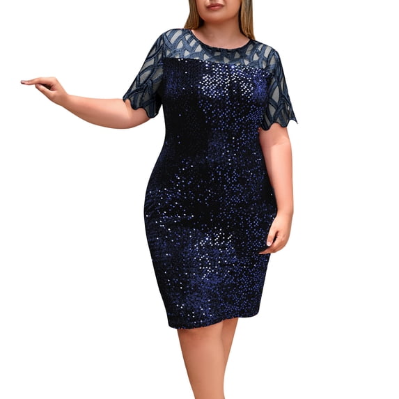 Chbgutlmr Plus Size Dresses for Women Sequin Patchwork Short Sleeve ...