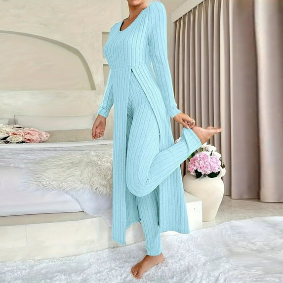 Chbgutlmr Ribbed Pajamas Set for Women Long Sleeve Round Neck Long Tops ...