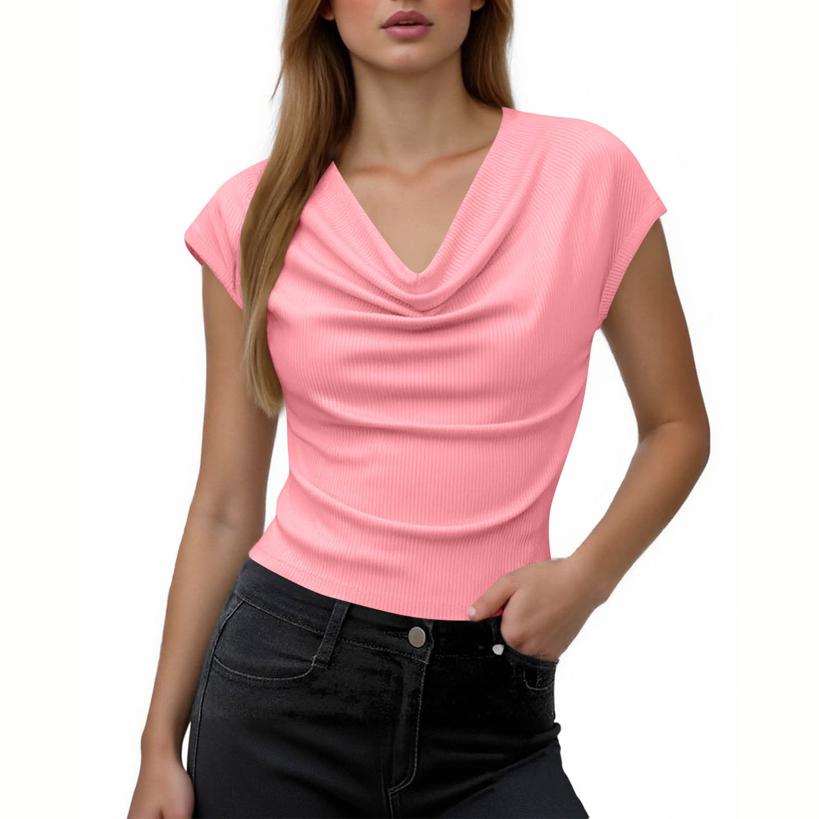 Chbgutlmr Ribbed Tops for Women Short Sleeve Cowl Neck Fitted Crop Tops Casual Summer Comfy ...