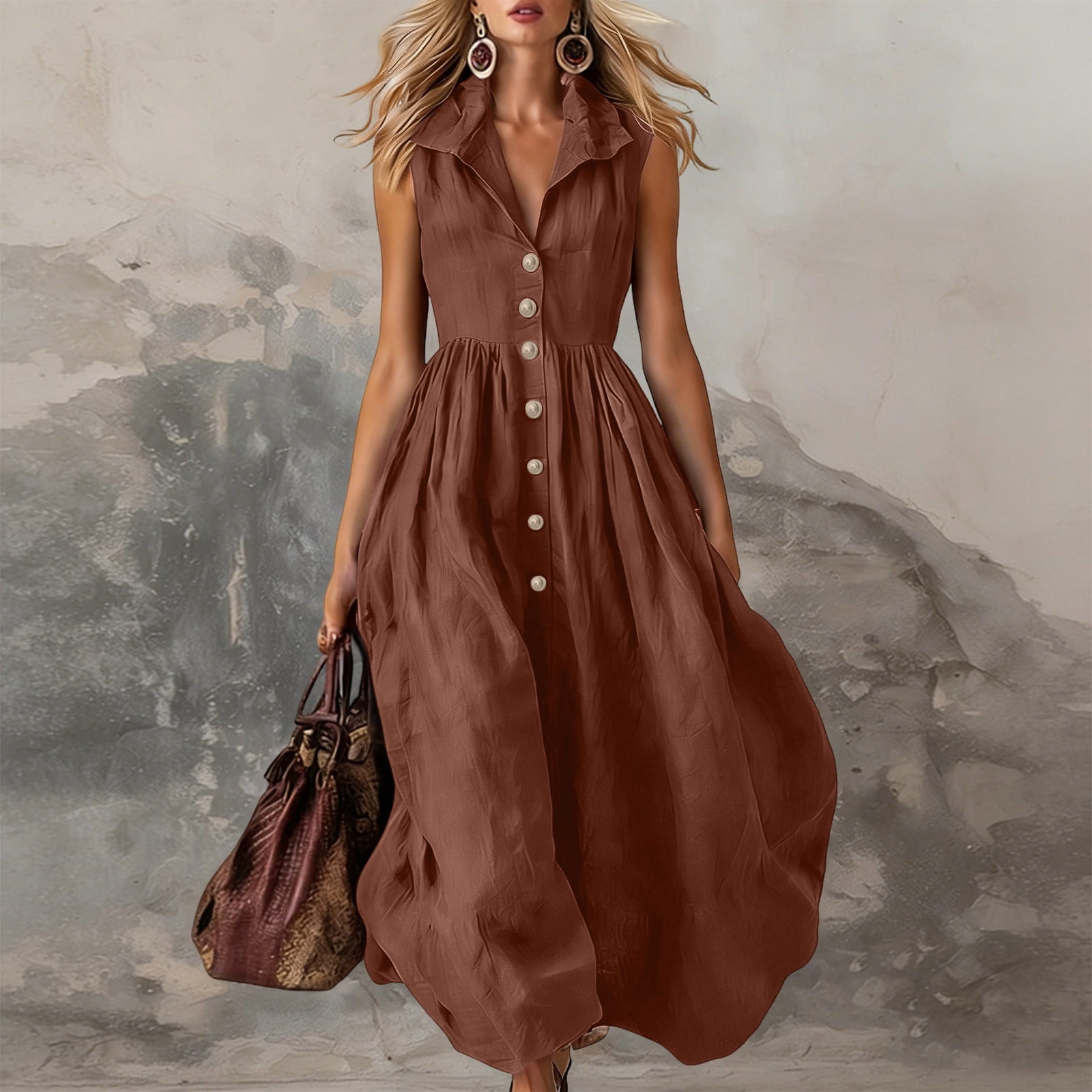 Chbgutlmr Summer Dresses for Women Sleeveless Half Button Ruched Lapel ...