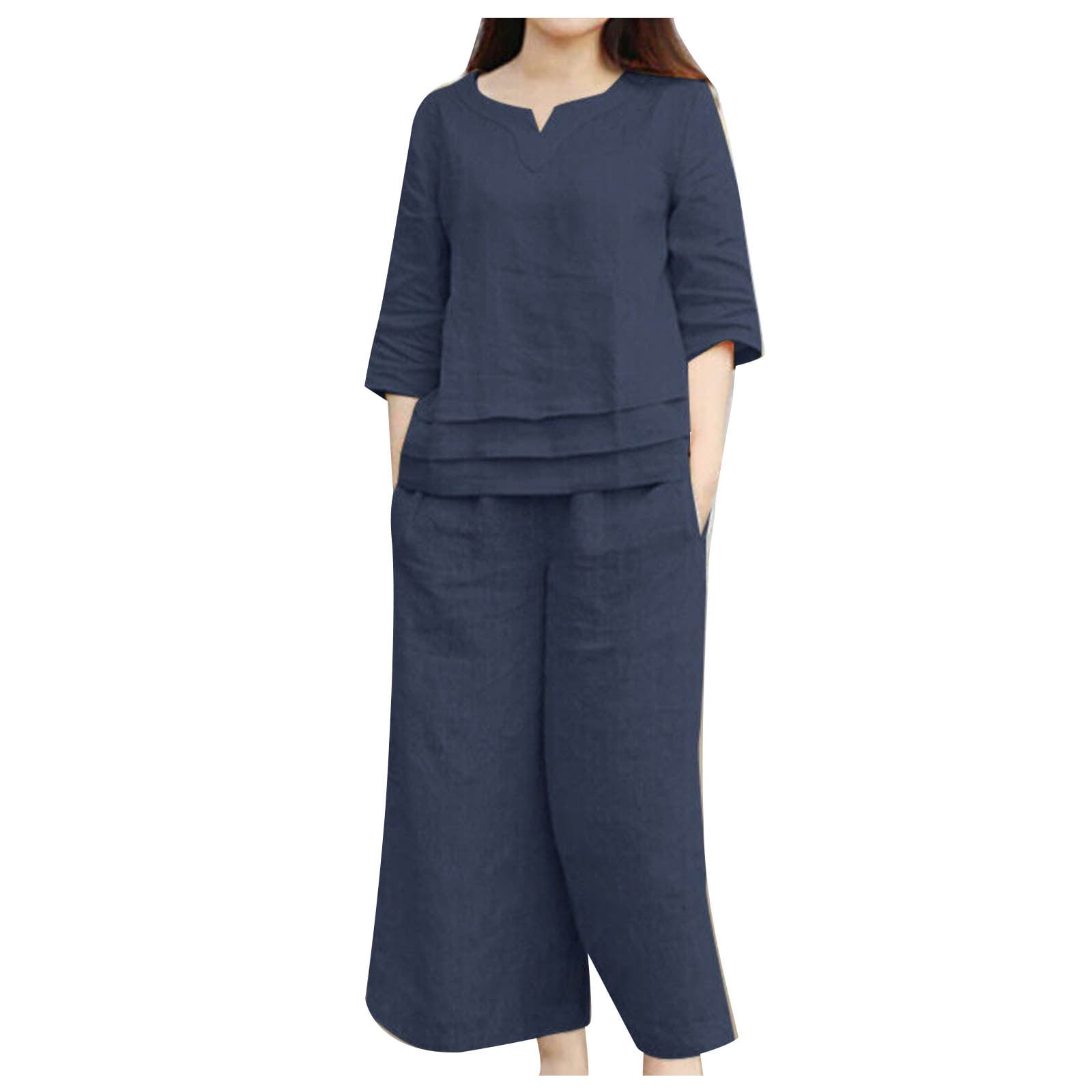 Chbgutlmr Summer Outfits for Women 2 Piece Plus Size Notched V Neck 3/4 ...
