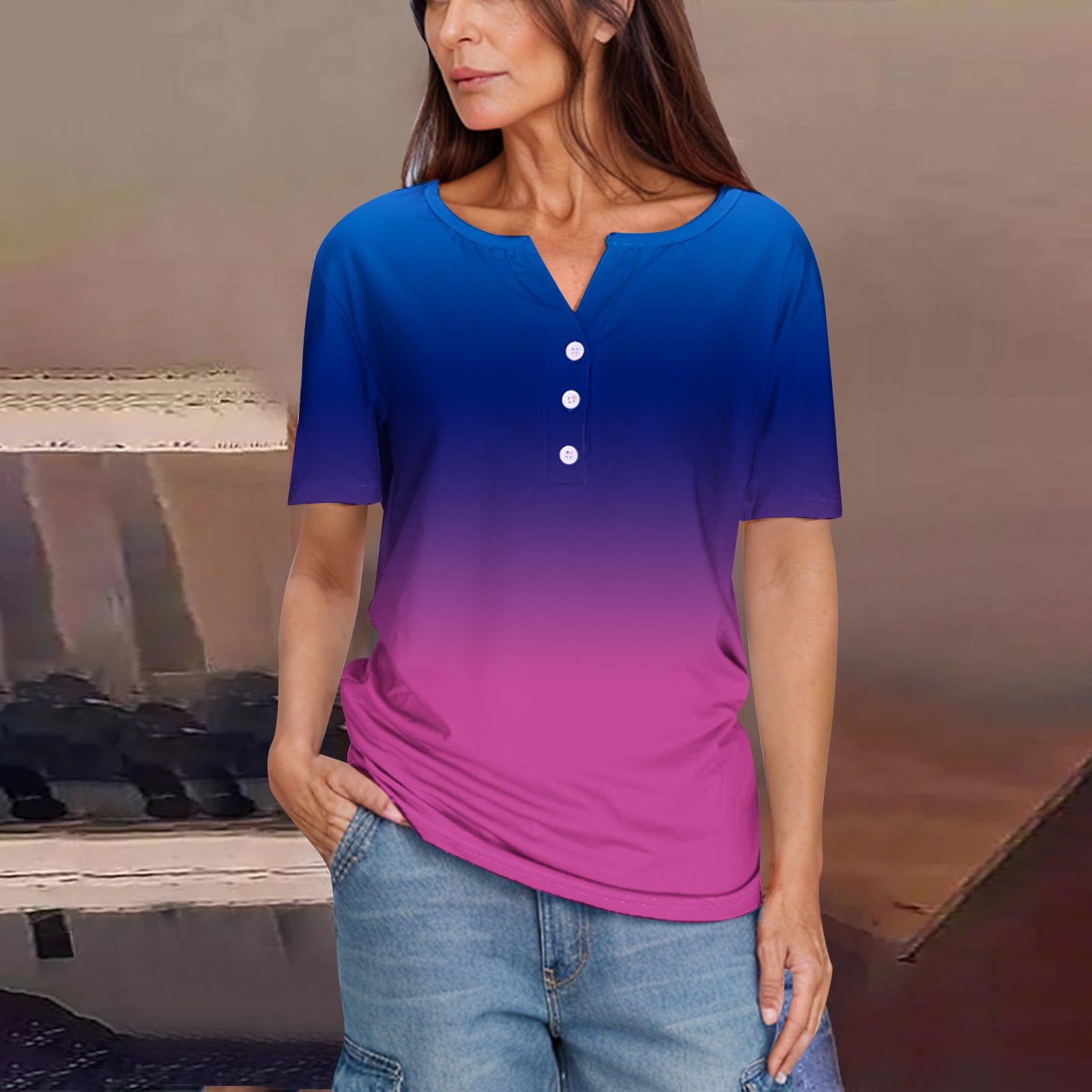 Chbgutlmr Summer Tops for Women Short Sleeve Notch Neck Gradient Color ...