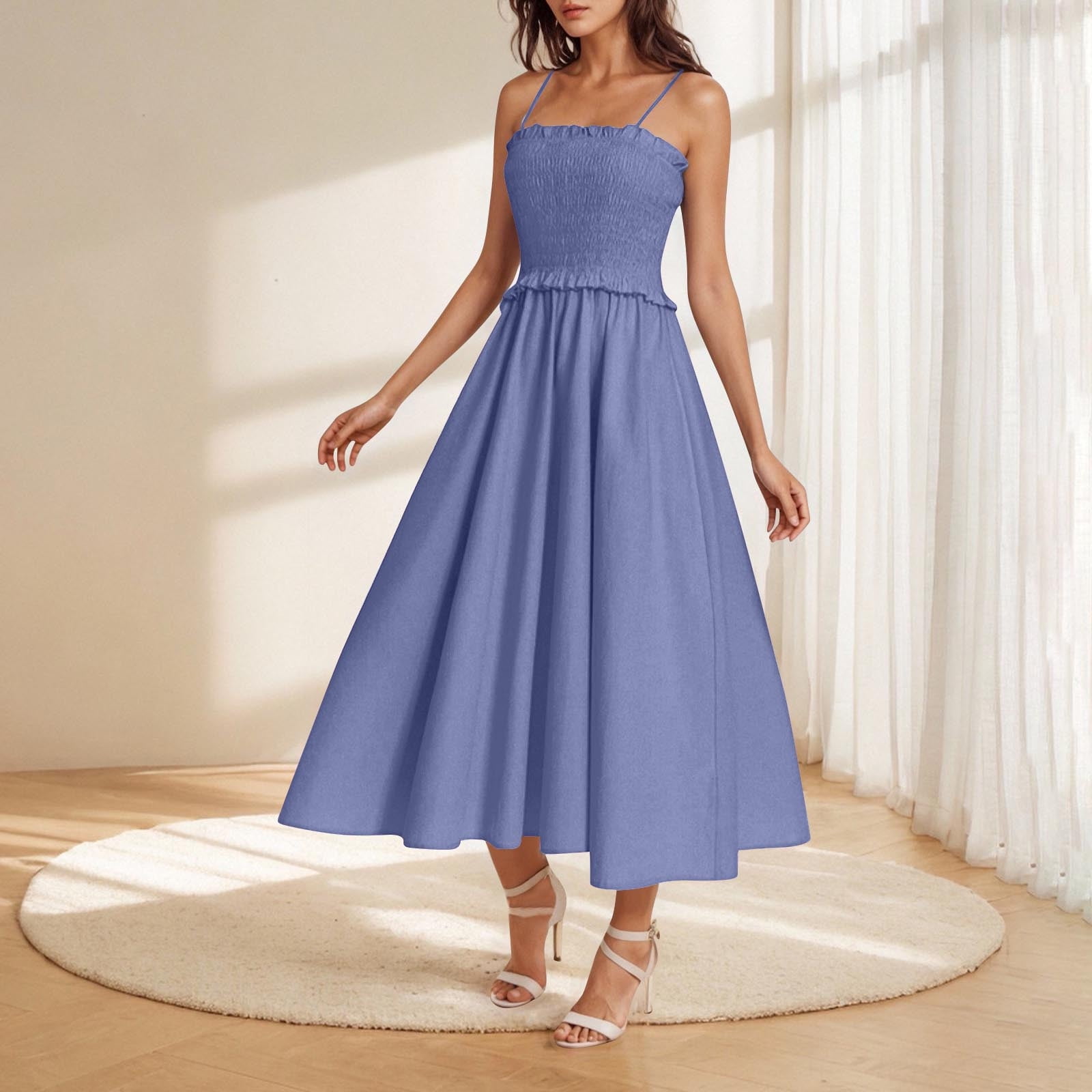 Chbgutlmr Sundresses for Women Sleeveless Spaghetti Strap A-Line Ruched ...