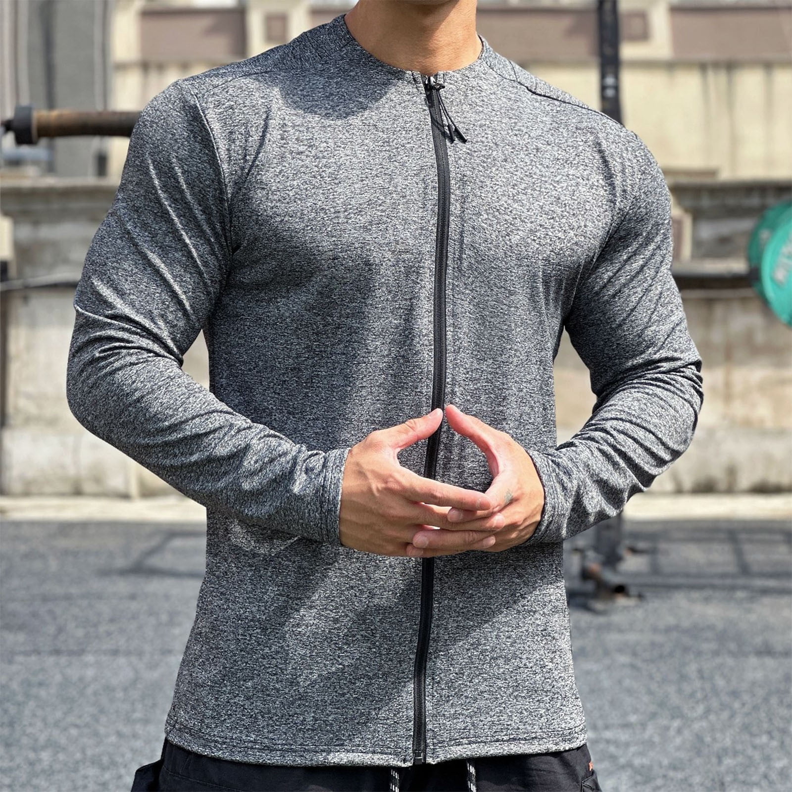 Chbgutlmr Tops for Men Zip up Long Sleeve Solid Color Workout Running ...