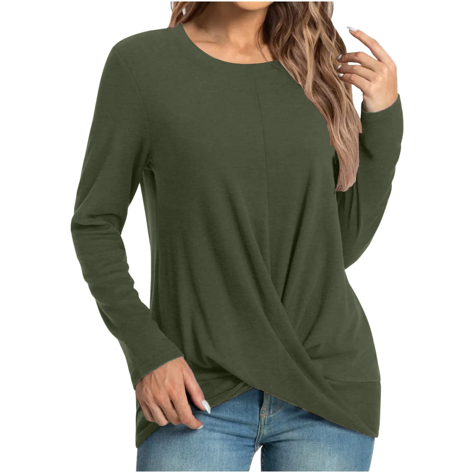 Chbgutlmr Tops for Women Dressy Casual Knot Front Crewneck Long Sleeve ...
