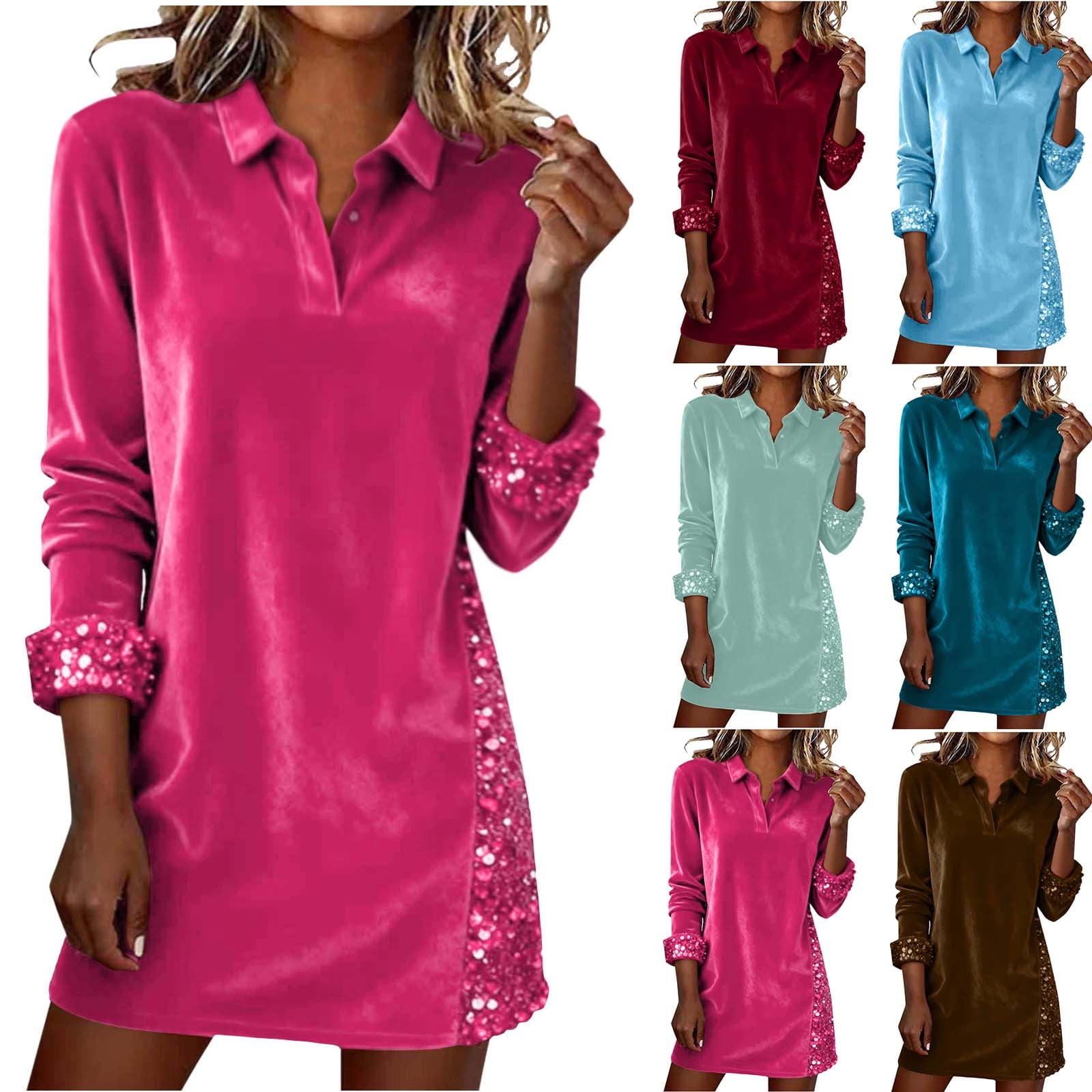 Chbgutlmr Velvet Dress for Women Trendy Casual Long Sleeve Button ...