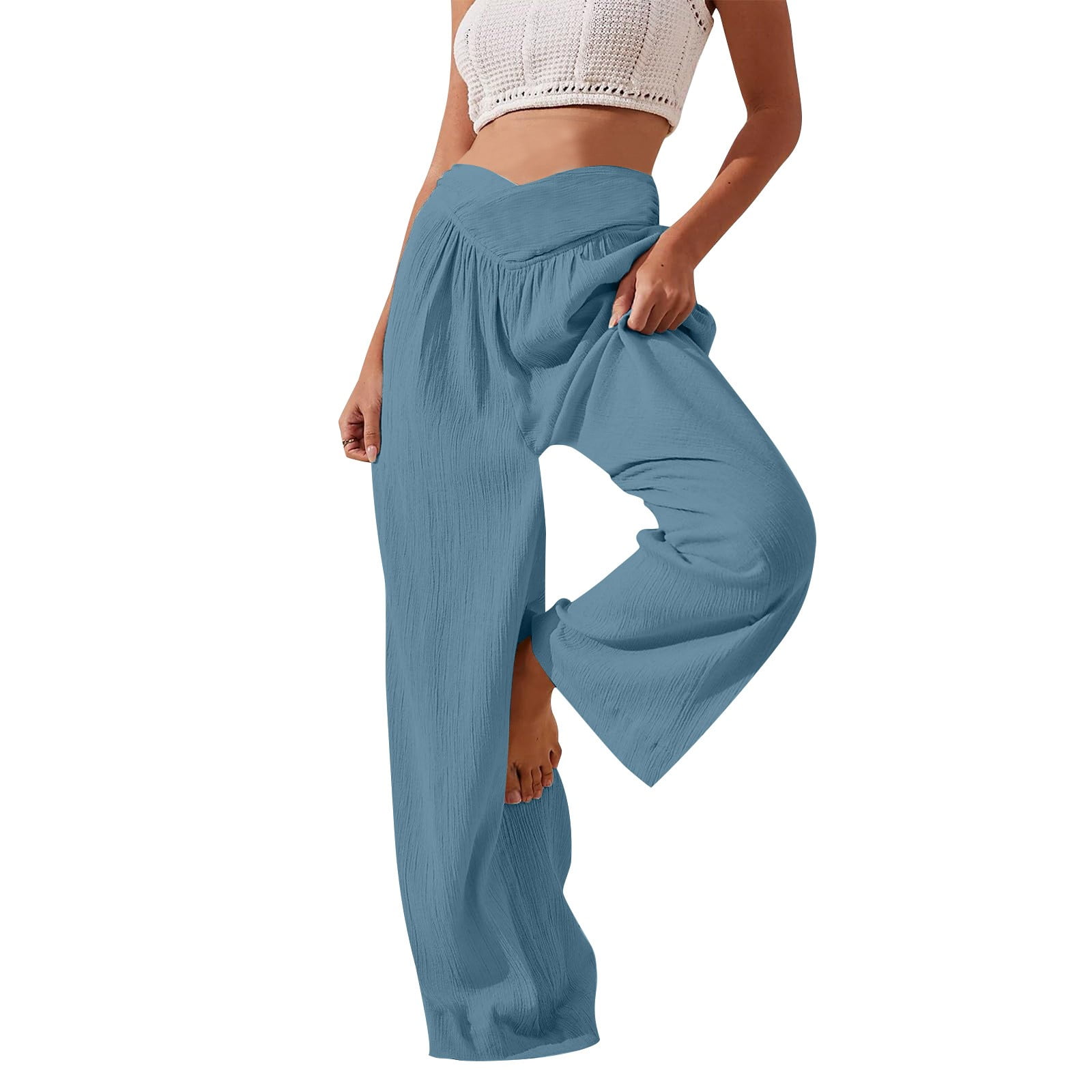 Chbgutlmr Wide Leg Pants for Women Crossed High Waist Ruched Solid ...