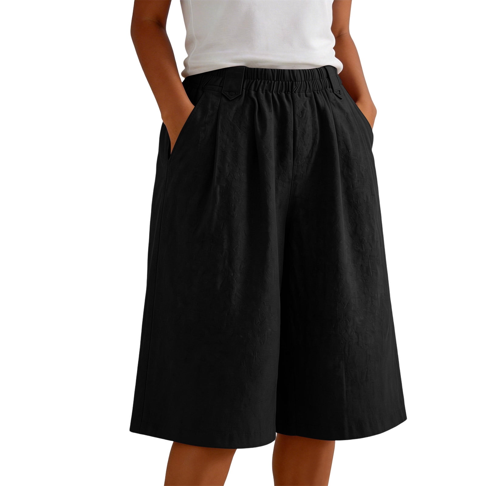 Chbgutlmr Wide Leg Shorts for Women Elastic Waist Knee Length Ruched ...