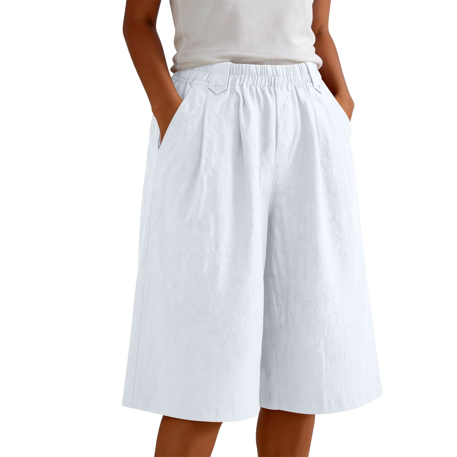 Chbgutlmr Wide Leg Shorts for Women Elastic Waist Knee Length Ruched ...