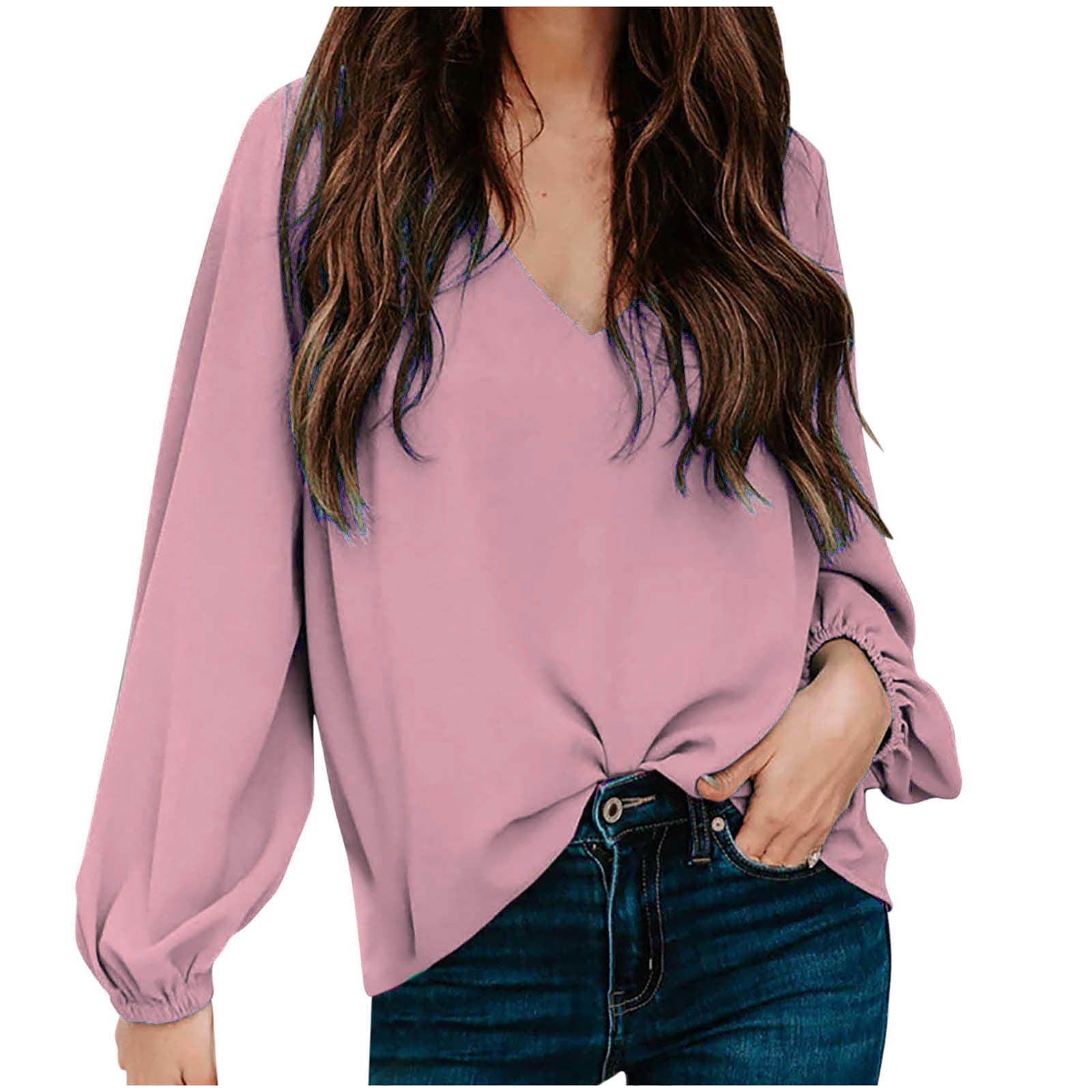 Chbgutlmr Womens Blouses Pleated V Neck Long Sleeve Lightweight Shirts ...