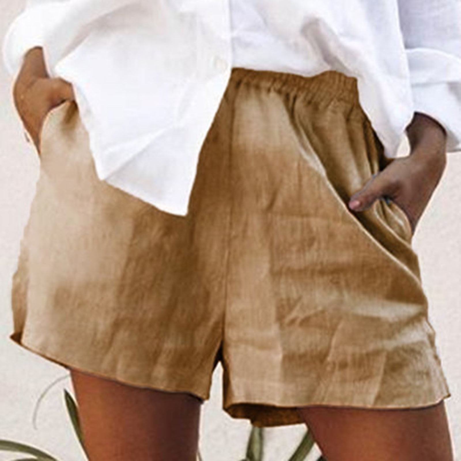 Chbgutlmr Womens Cotton Linen Shorts Elastic Waist Pleated Loose Shorts ...