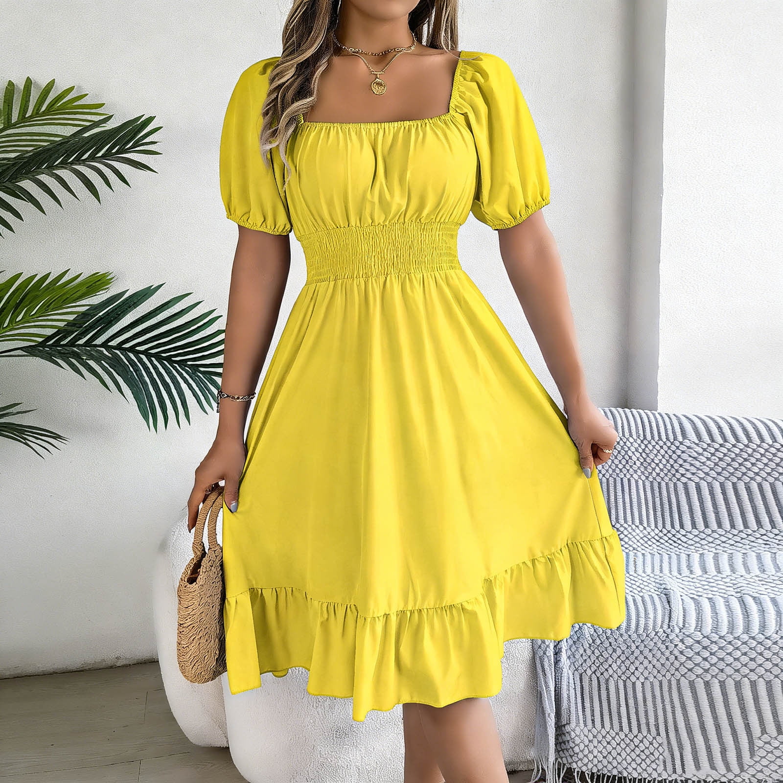 Chbgutlmr Womens Summer Dresses Short Sleeve Ruched Waist Square Neck ...