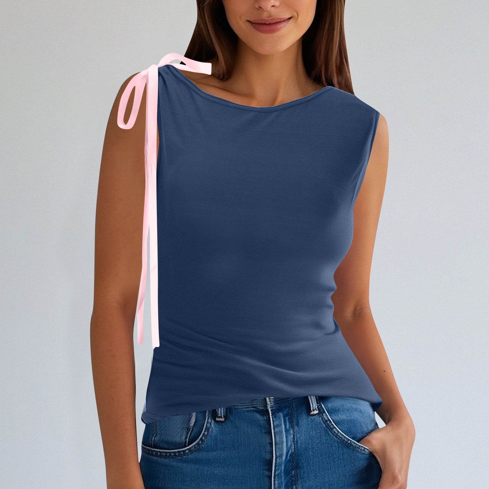 Chbgutlmr Womens Tank Tops Bow Tie Shoulder Scoop Neck Fitted Crop Tops ...