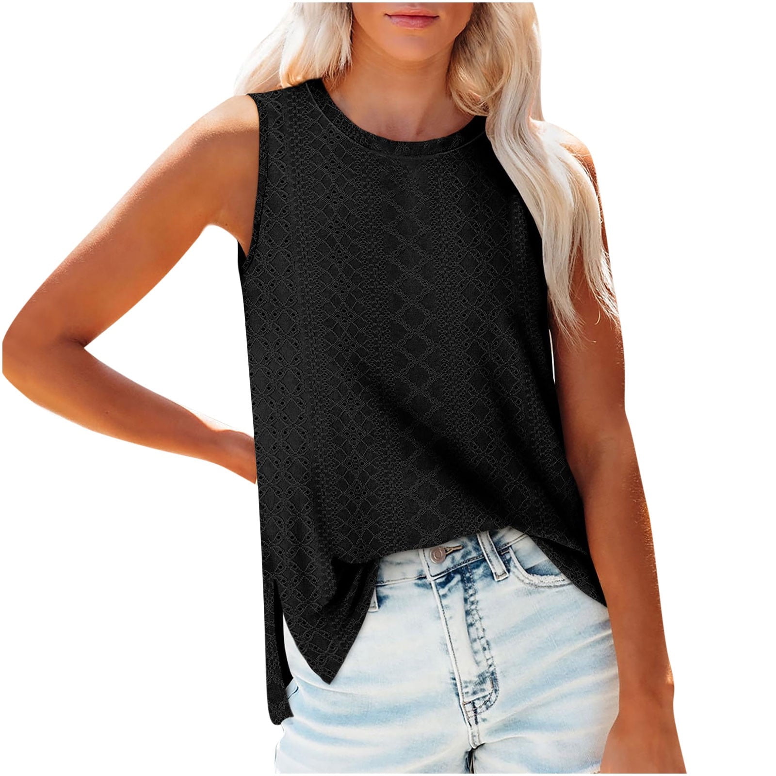 Chbgutlmr Womens Tank Tops Eyelet Crewneck Sleeveless Loose Comfy Side ...