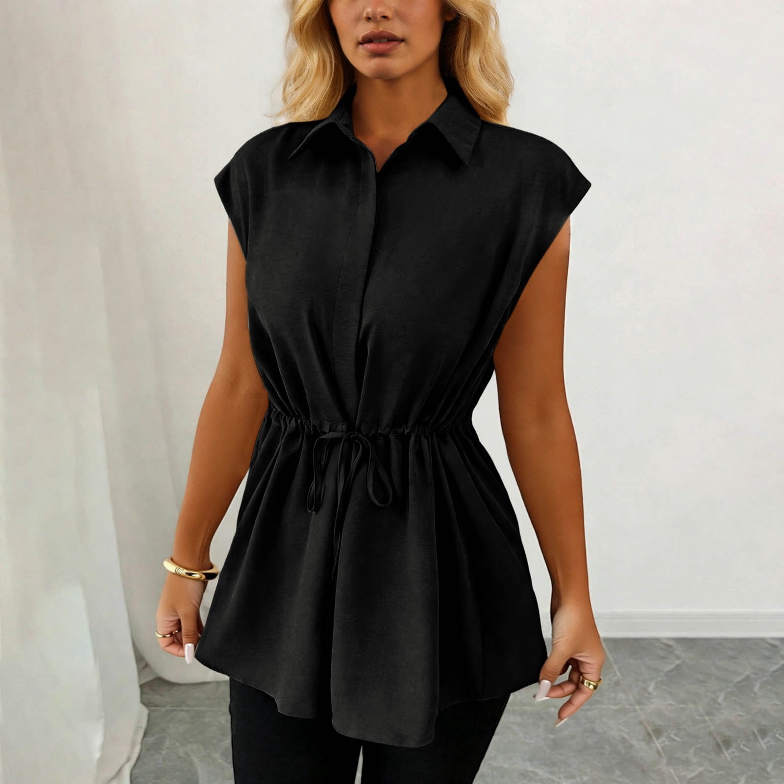 Chbgutlmr Womens Tank Tops Sleeveless Drawstring Tie Front Lapel Shirts ...
