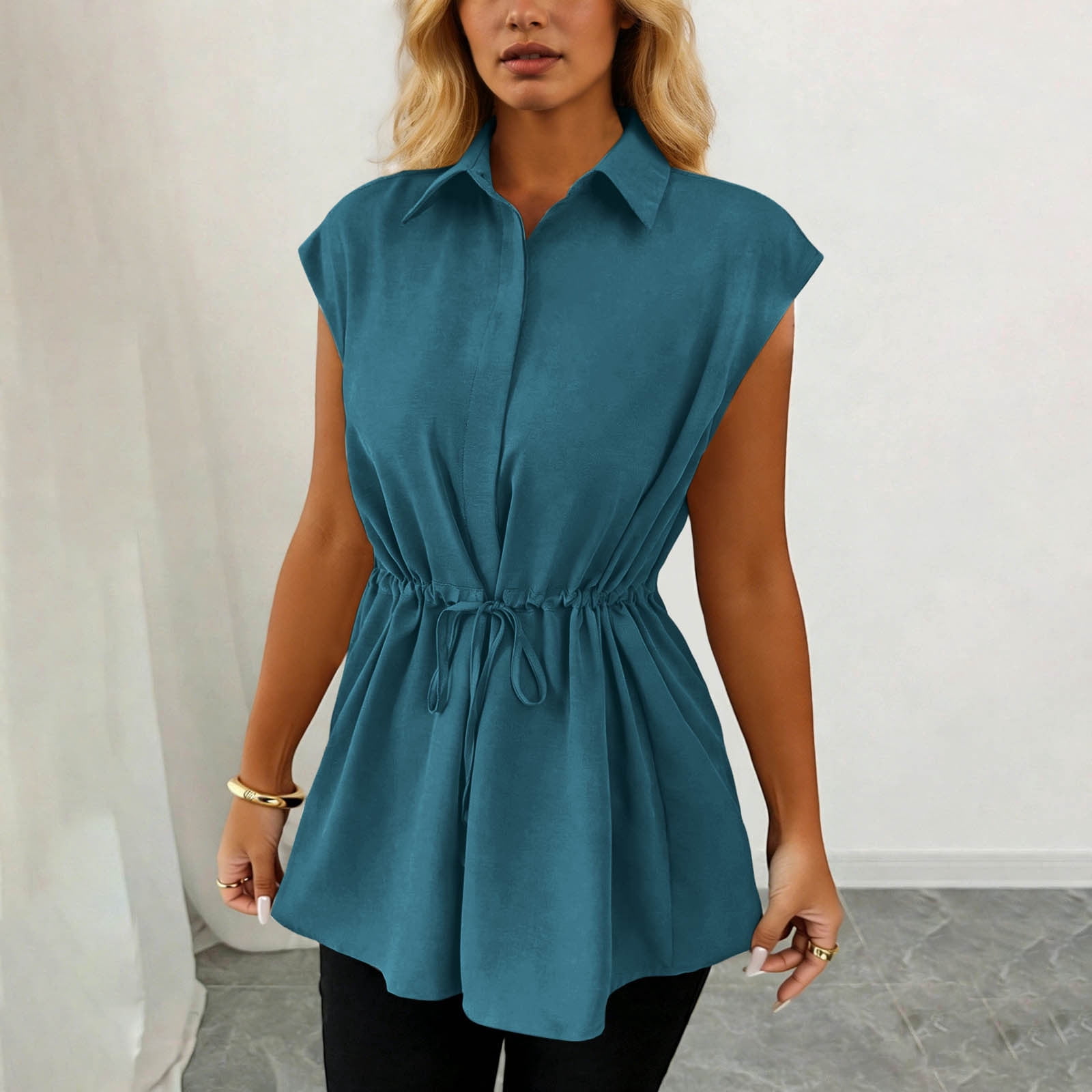 Chbgutlmr Womens Tank Tops Sleeveless Drawstring Tie Front Lapel Shirts ...