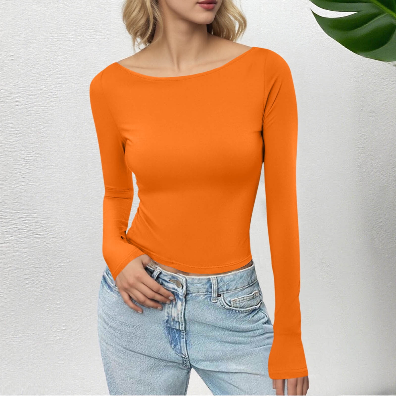 Chbgutlmr Womens Tops Long Sleeve Scoop Neck Slim Fitted Crop Tops ...