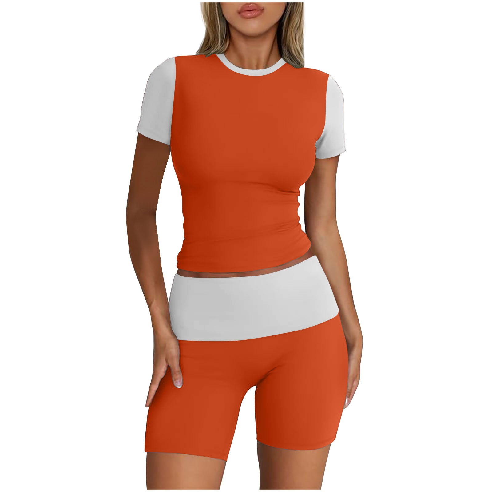 Chbgutlmr Workout Sets for Women 2 Piece Crewneck Short Sleeve Tops ...