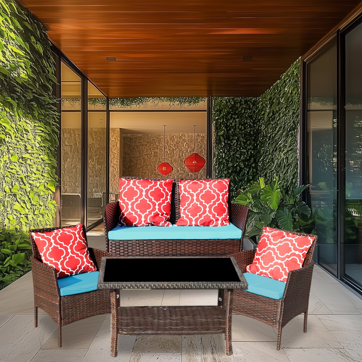 Cheap Brown Iron Outdoor Patio Sofa Set with Emerald Green Cushions ...