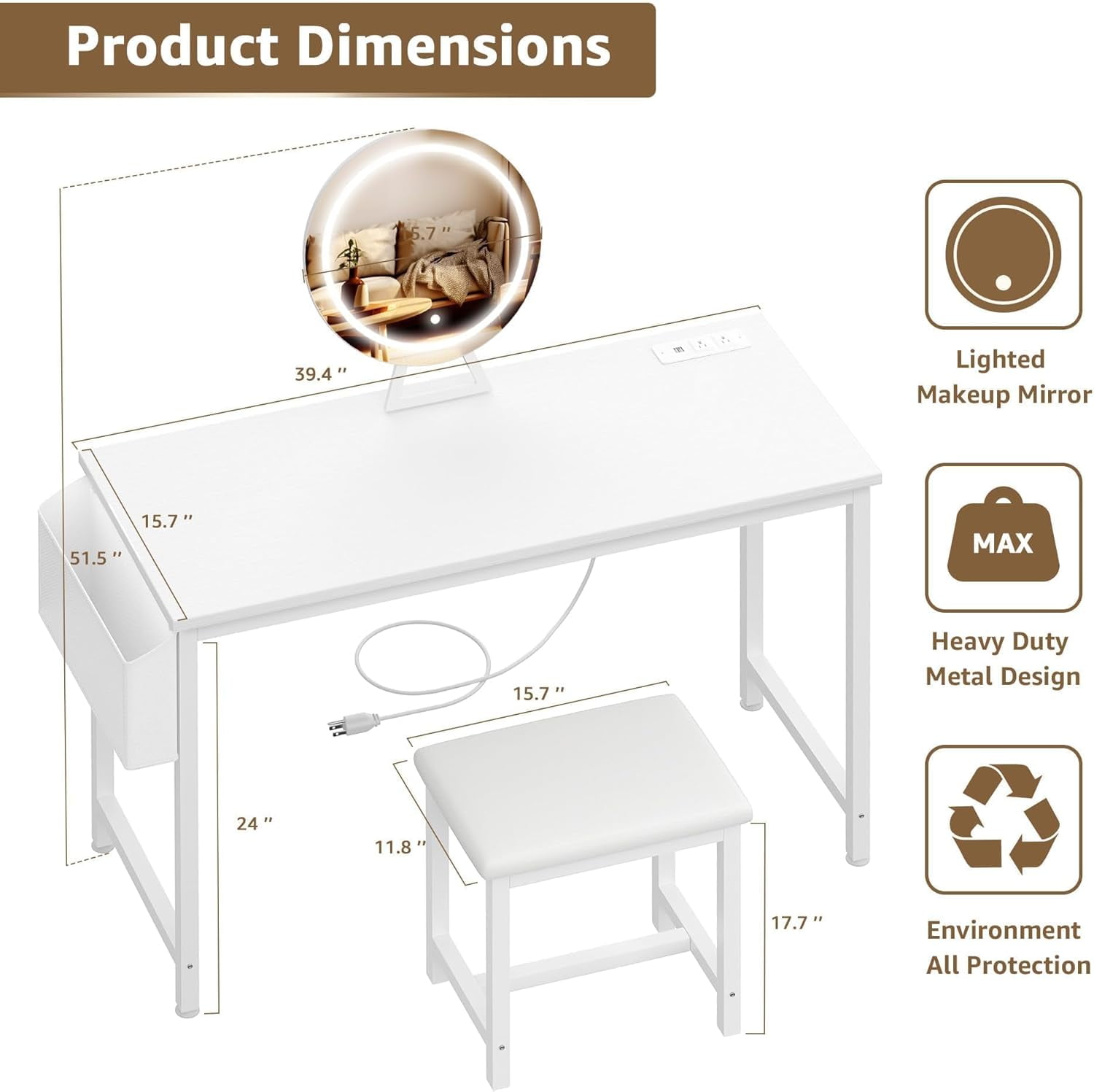 Cheap Makeup Girls Vanity Set with Mirror and Stool and Lights & Power ...