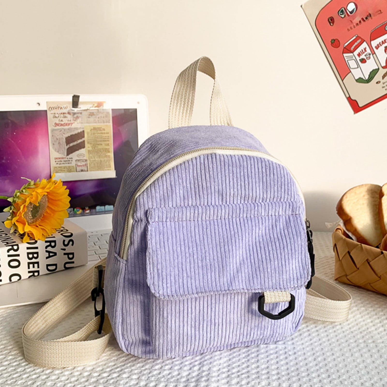 Cheapark 1 pc teenage Student Backpack Mini Corduroy Backpack Purse ...