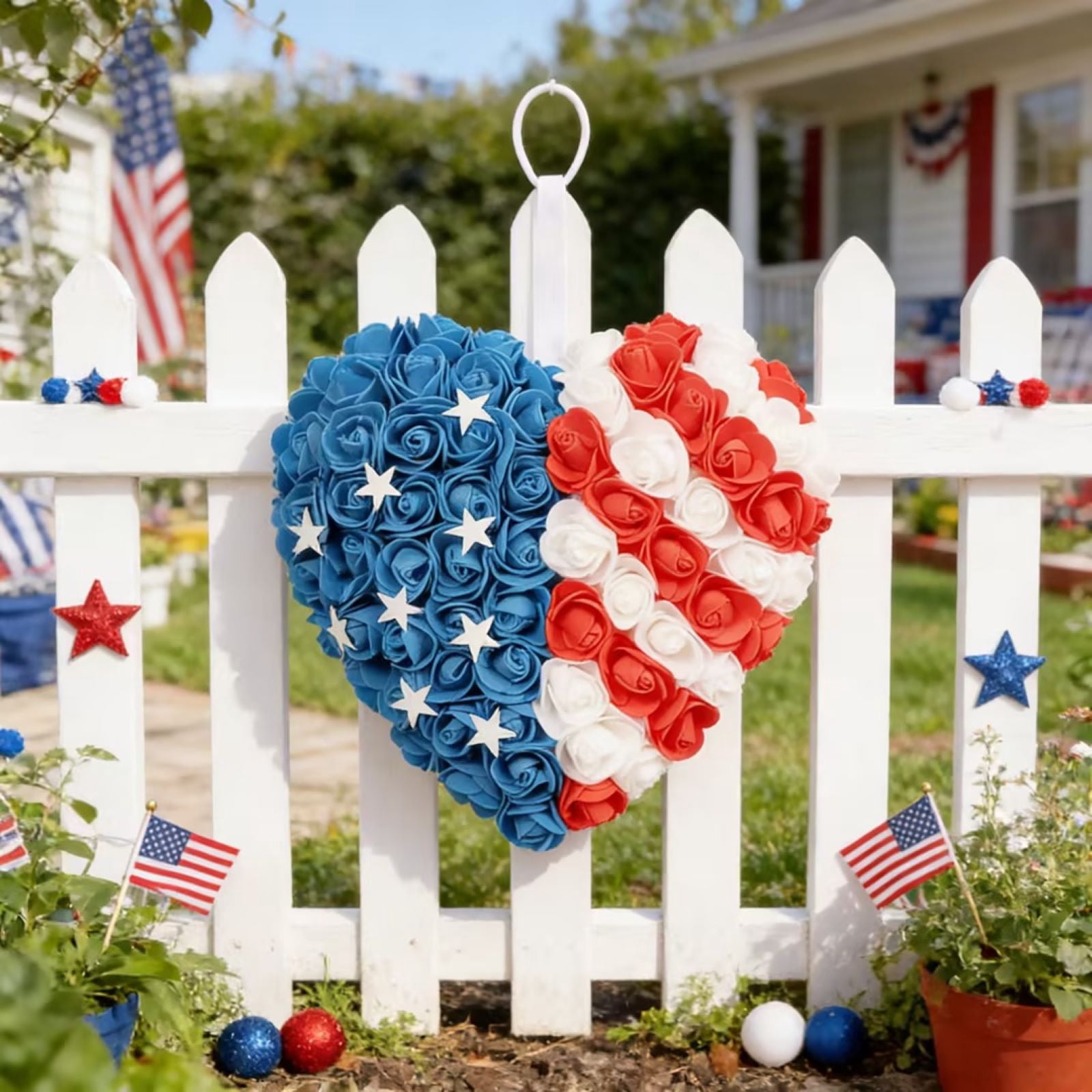 Cheapark 4th of July Red White Blue Foam Heart Wreath Hanging Decor ...