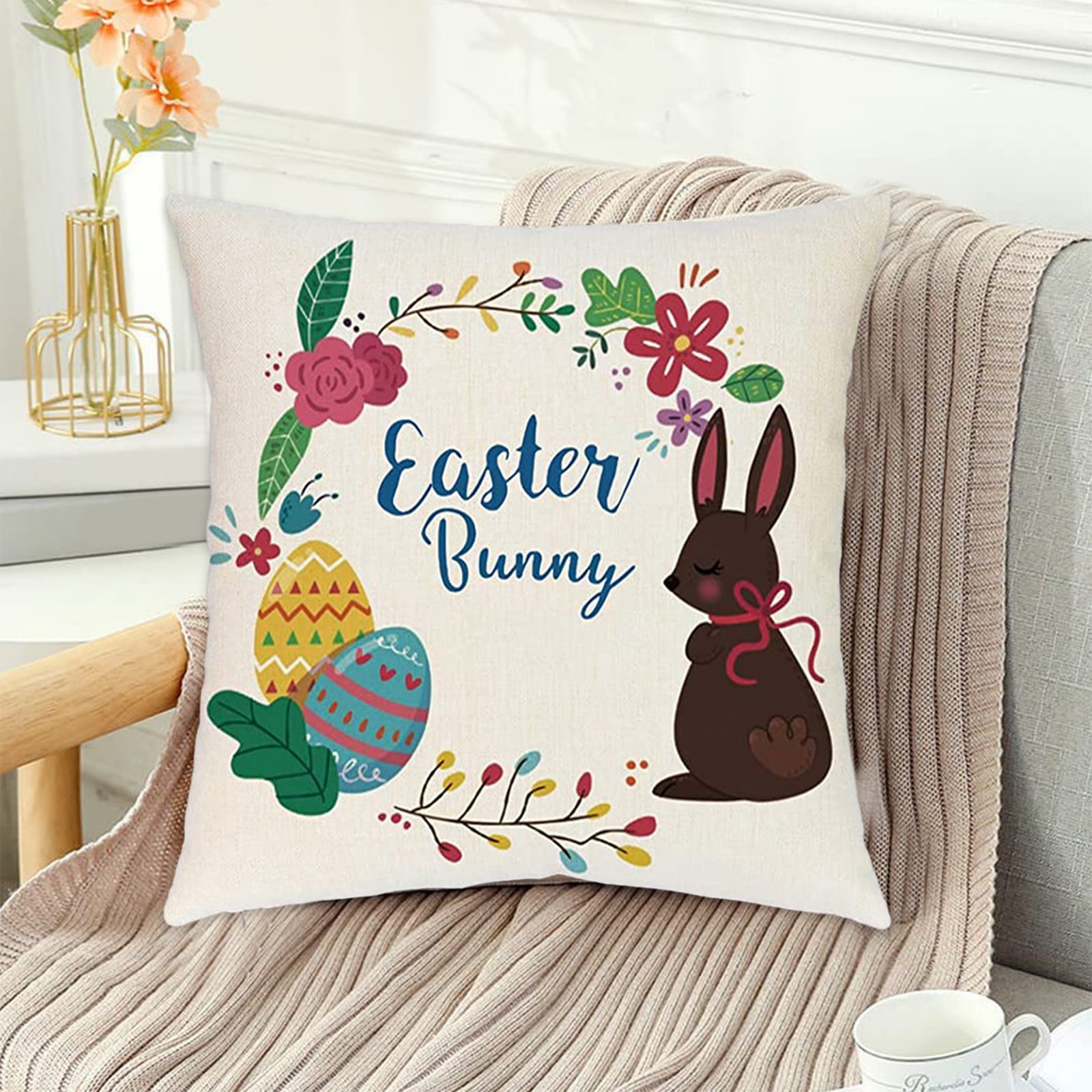 Cheapark Easter Linen Pillow Cover and Cushion Case Set, Washable Sofa ...