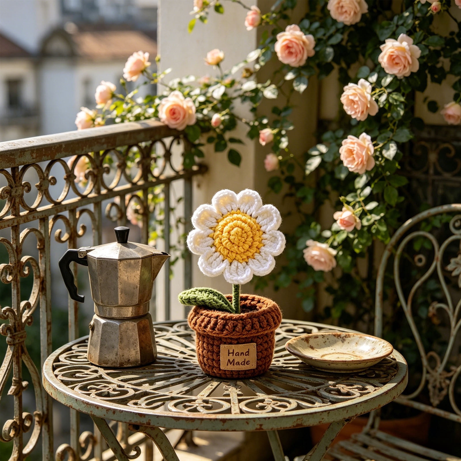 Cheapark Hand Knitted Artificial Flower Mini Potted Plant Decor ...
