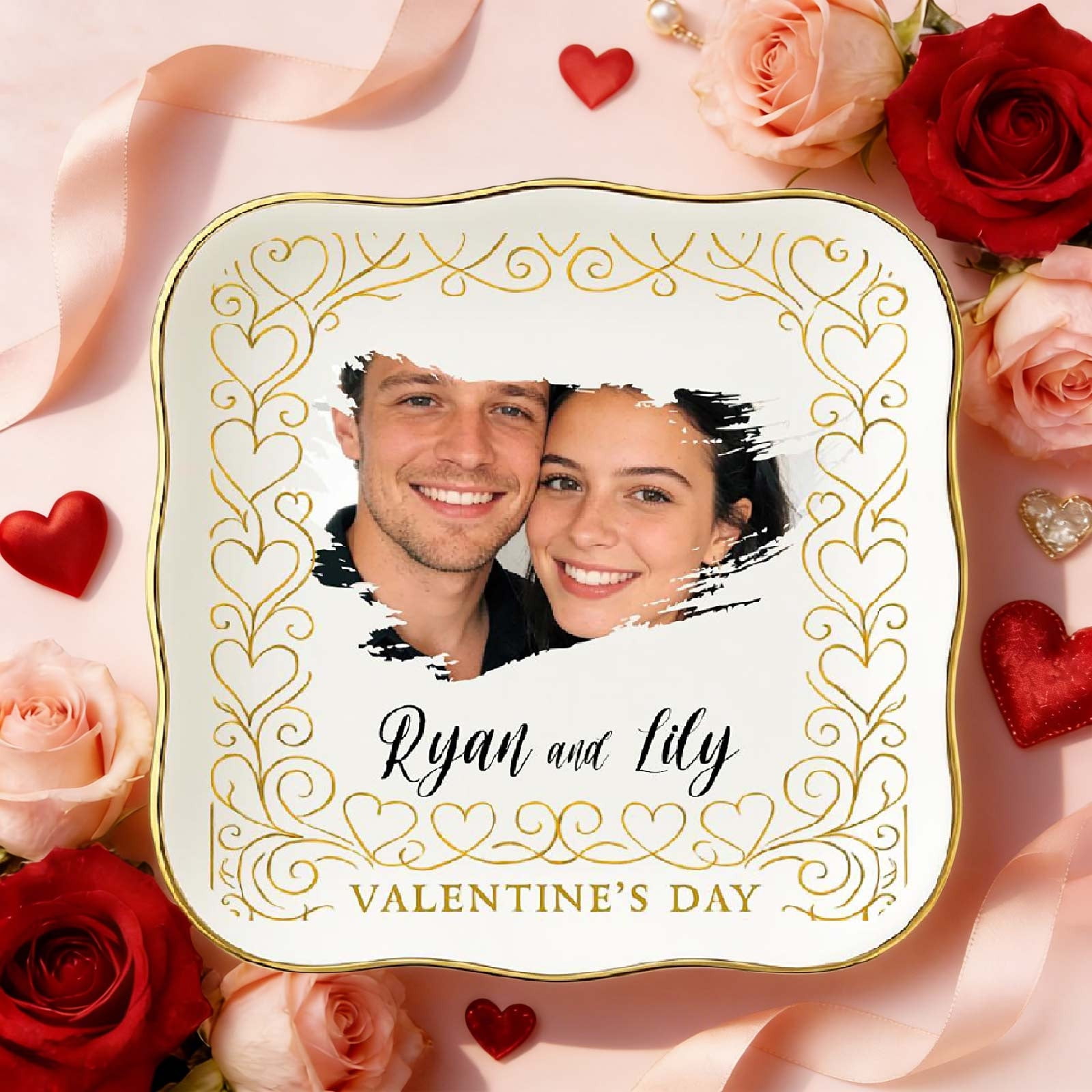 Cheapark Personalized Gold Rim Ceramic Jewelry Tray Custom Photo Ring ...